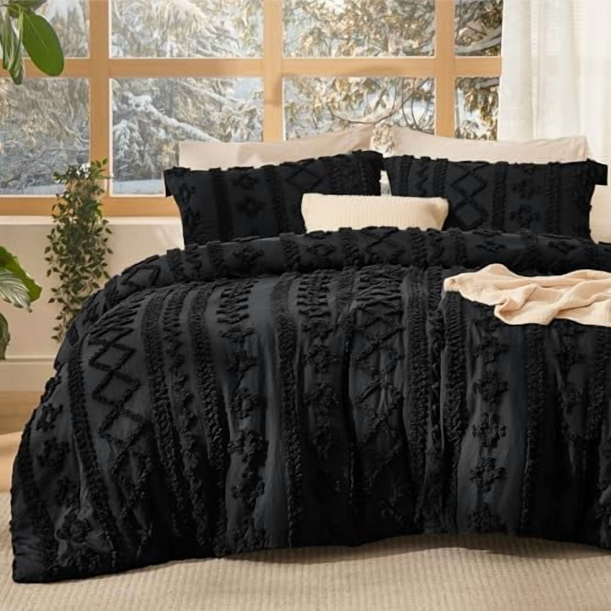 Tufted Boho Comforter Set Oversized Queen - Black Boho Bed Set ...