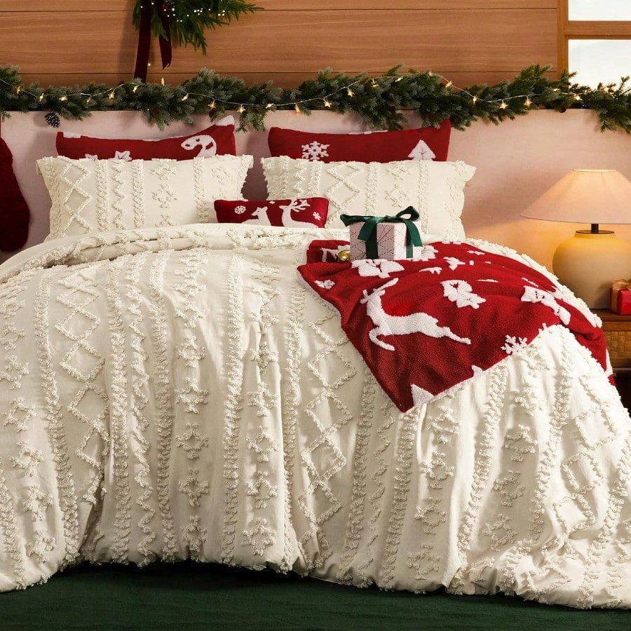 Tufted Boho Comforter Set Queen Size - Beige Boho Bed Set GentleSoft 3 ...