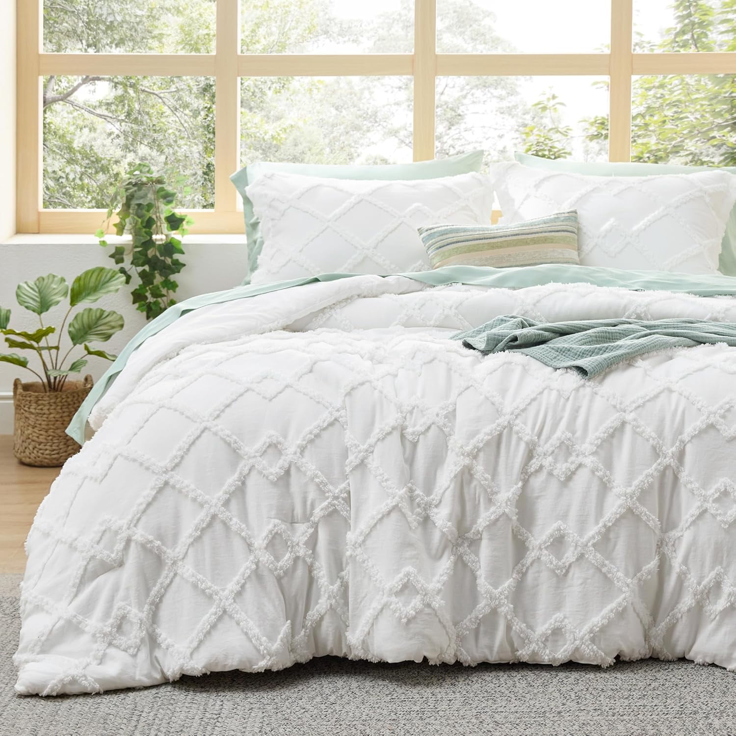 Tufted Boho Comforter Set Queen Size - Beige Boho Bed Set, GentleSoft ...