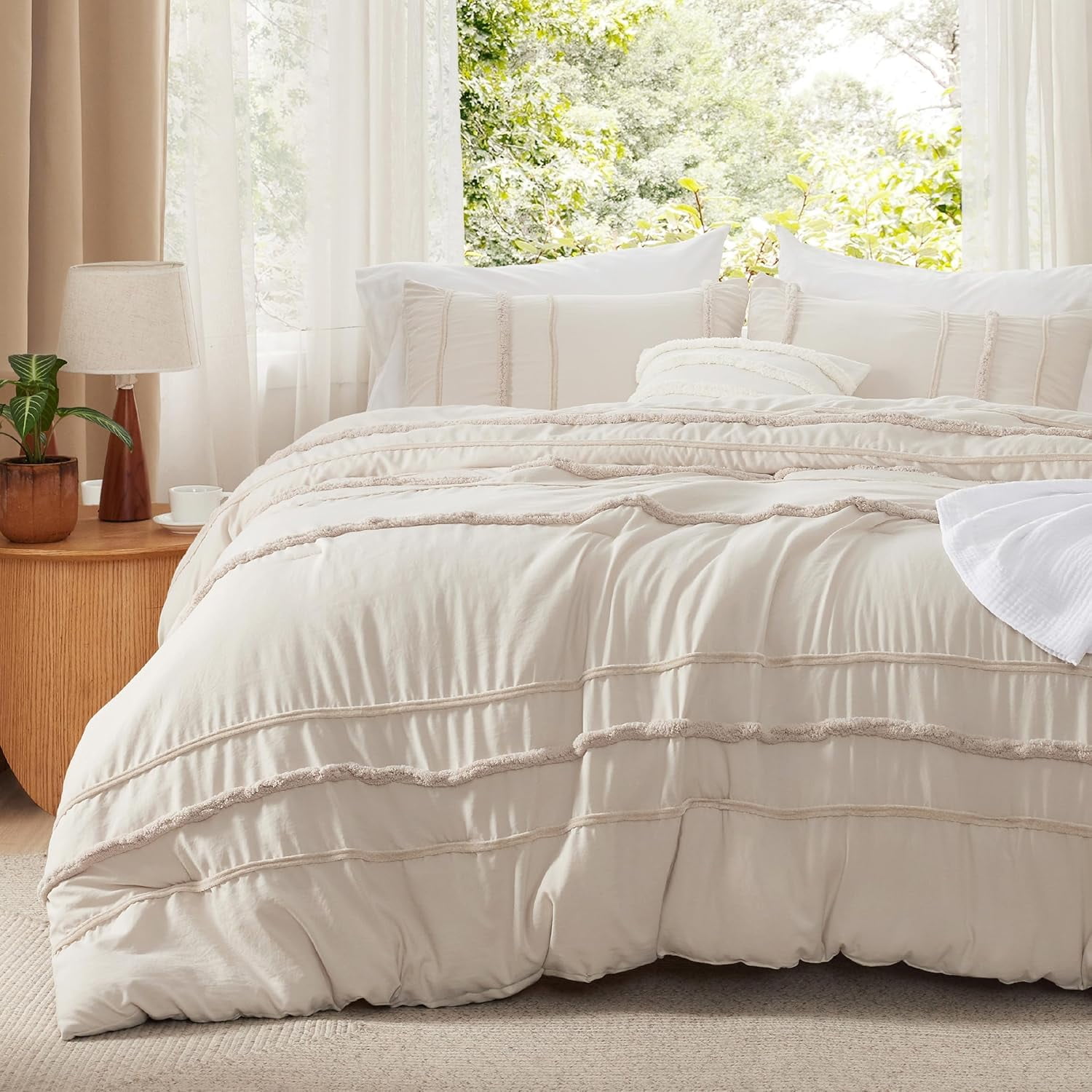Tufted Boho Comforter Set Queen Size - Beige Boho Bedding Comforter Set ...