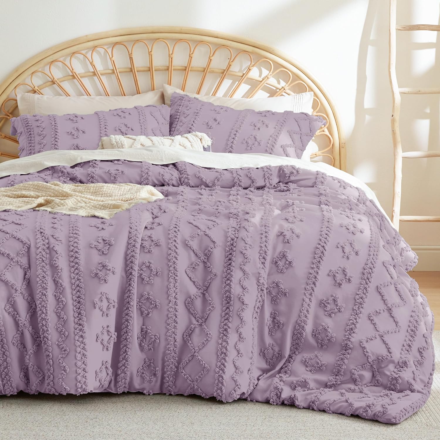 Tufted Boho Comforter Set Queen Size - Dusty Purple Boho Bedding ...