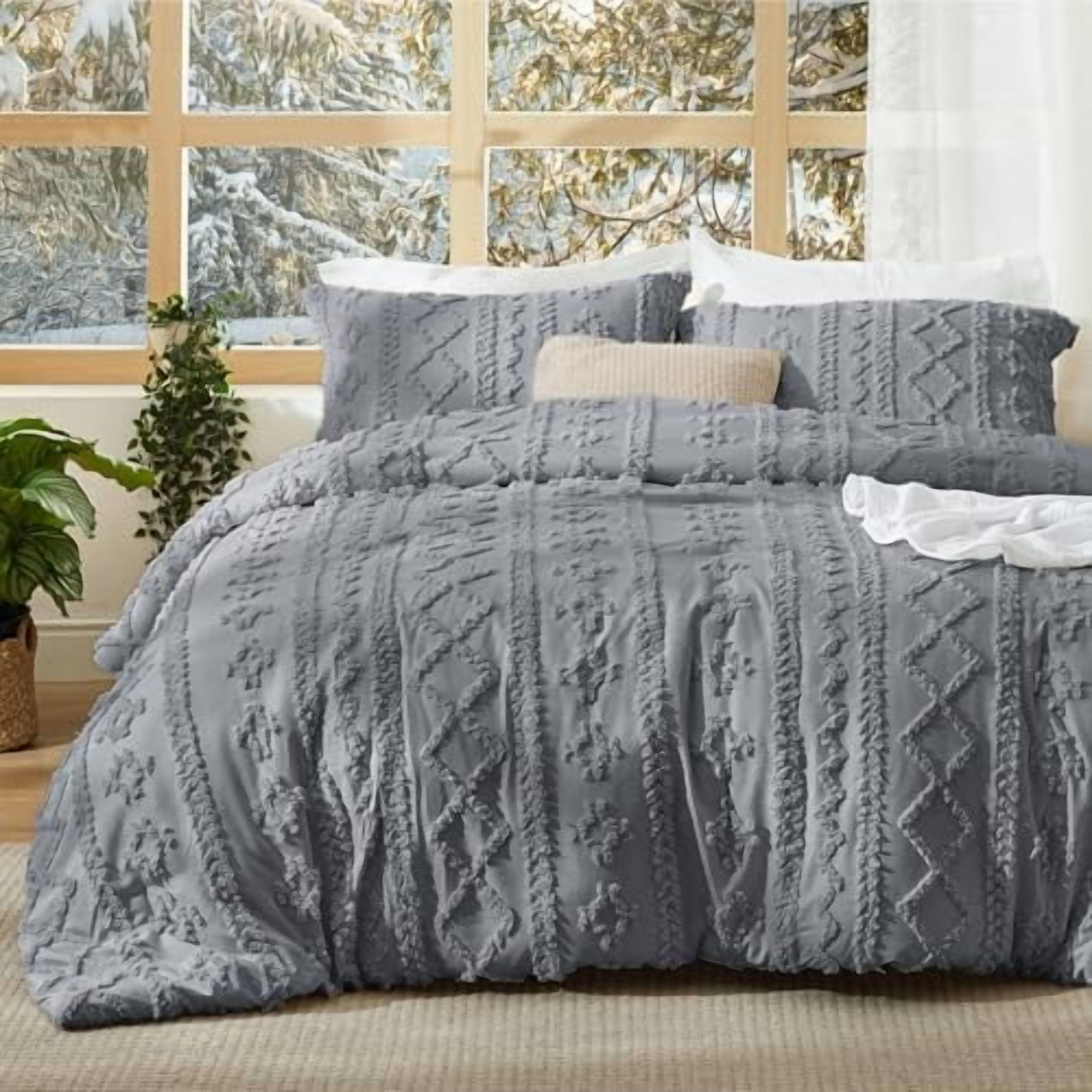 Tufted Boho Comforter Set Queen Size - Grey Boho Bed Set, GentleSoft™ 3 ...