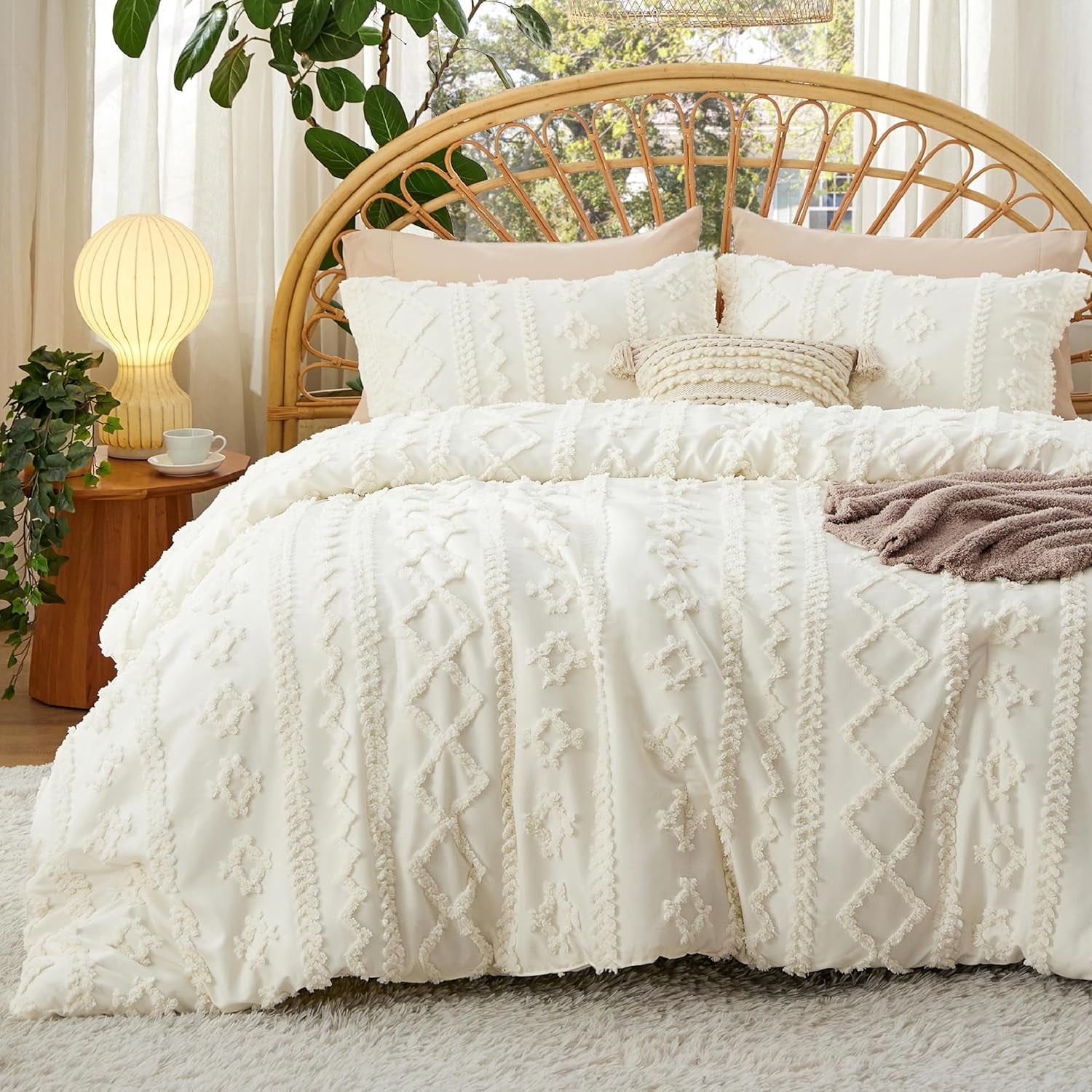 Tufted Boho Comforter Set Queen Size - Ivory Boho Bedding Comforter Set ...