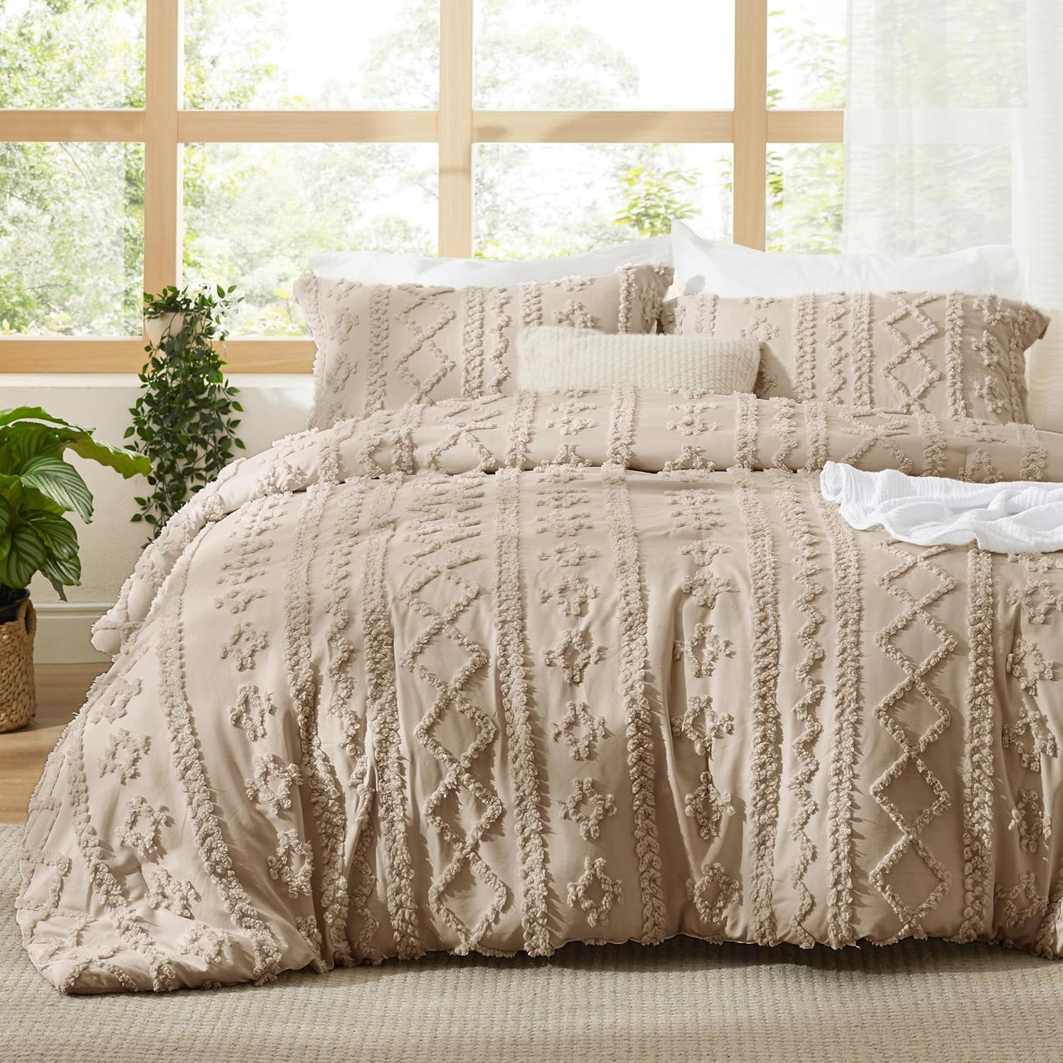 Tufted Boho Comforter Set Queen Size - Khaki Boho Bed Set, GentleSoft ...