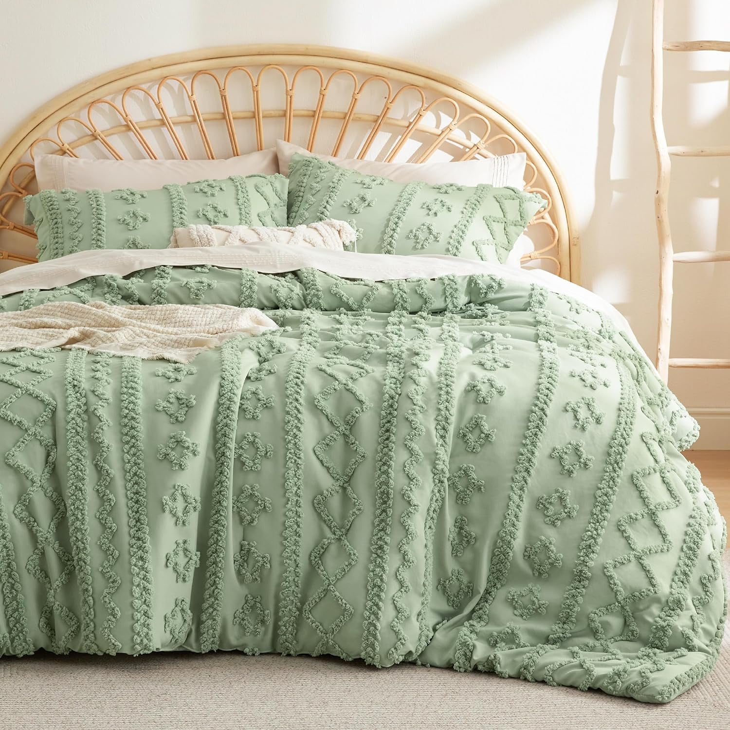 Tufted Boho Comforter Set Queen Size - Sage Green Boho Bedding ...