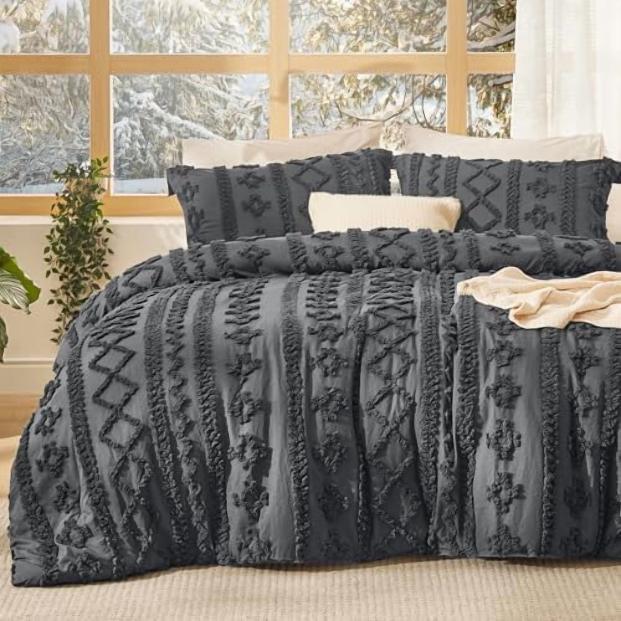 Tufted Boho Comforter Set Twin Size - Dark Grey Boho Bed Set ...