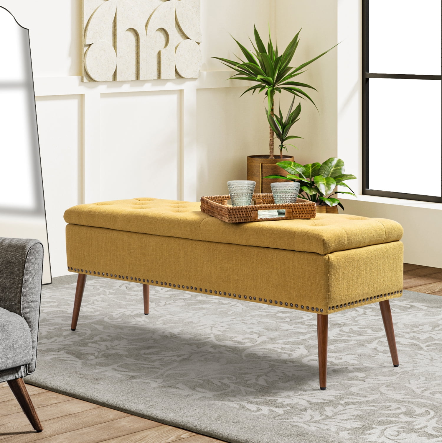 Tufted Button Storage Bench With Separate Fabric Bags Bedroom