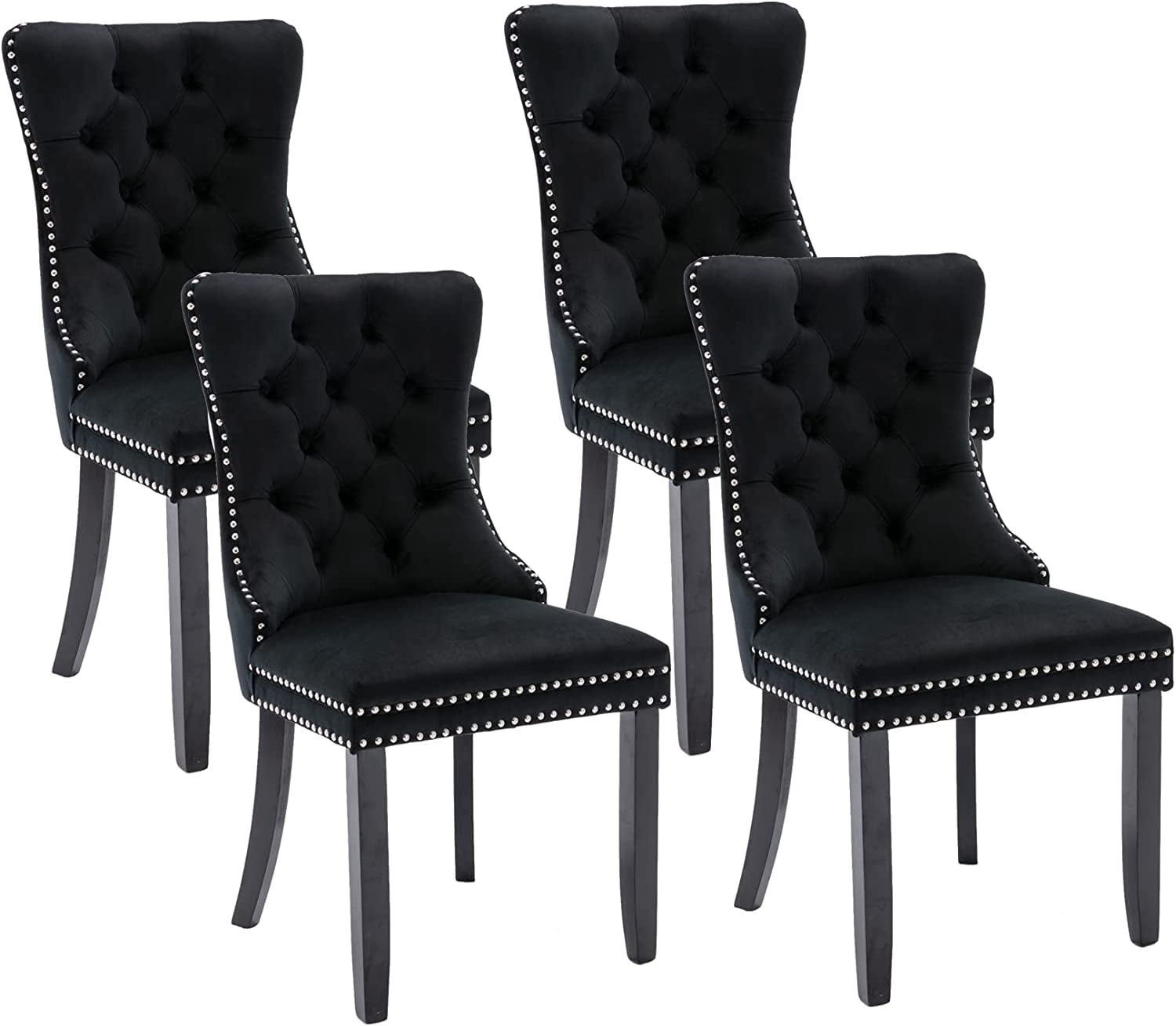 Tufted Chairs Set of 4, Black Velvet Upholstered Chairs with Nailhead ...