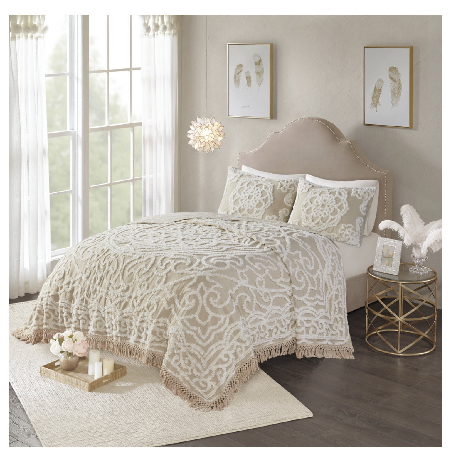 Tufted Cotton Chenille Medallion Fringe Coverlet Mini Set Taupe Full ...