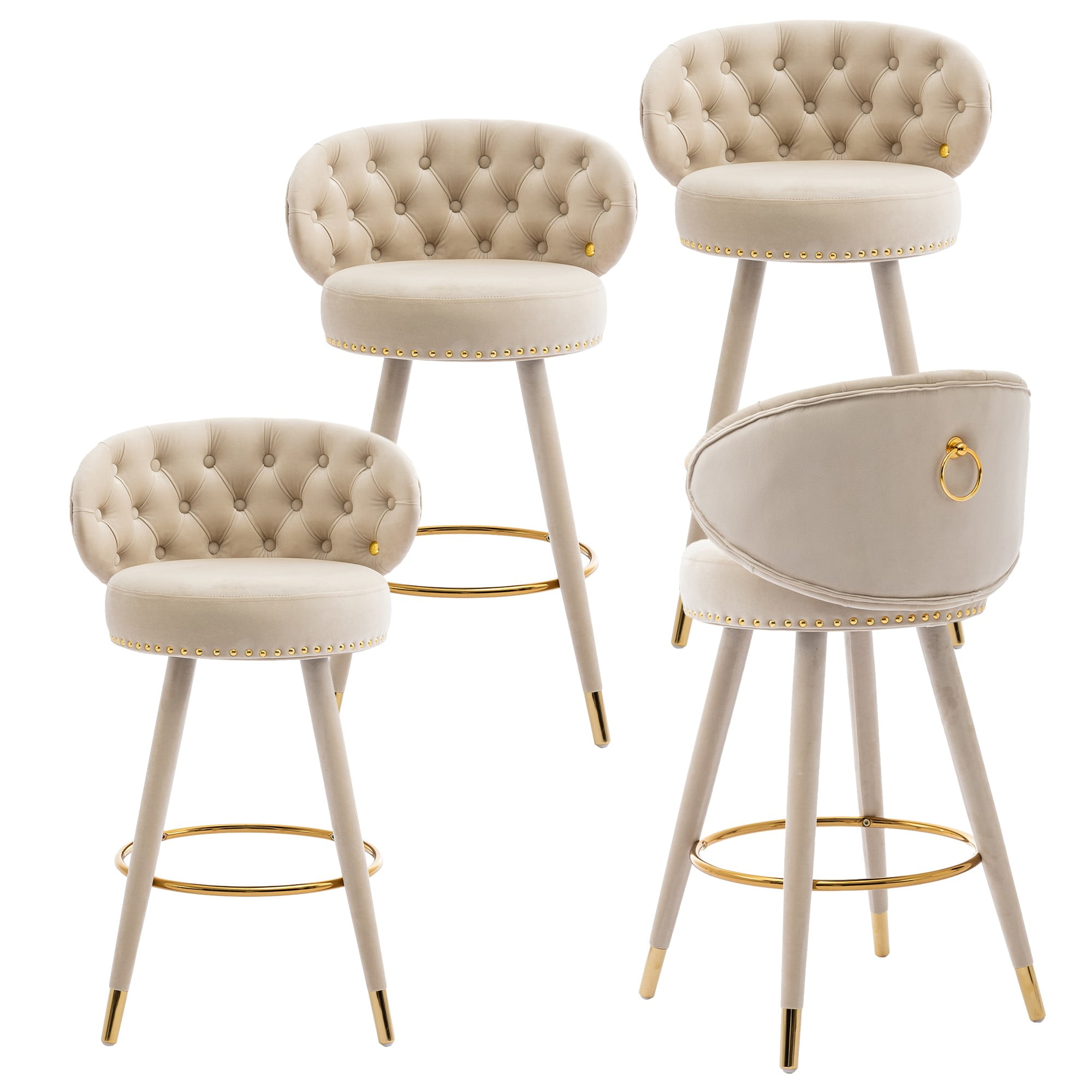 Tufted Counter Height Bar Stool Chairs with Solid Wood Legs Upholstered ...
