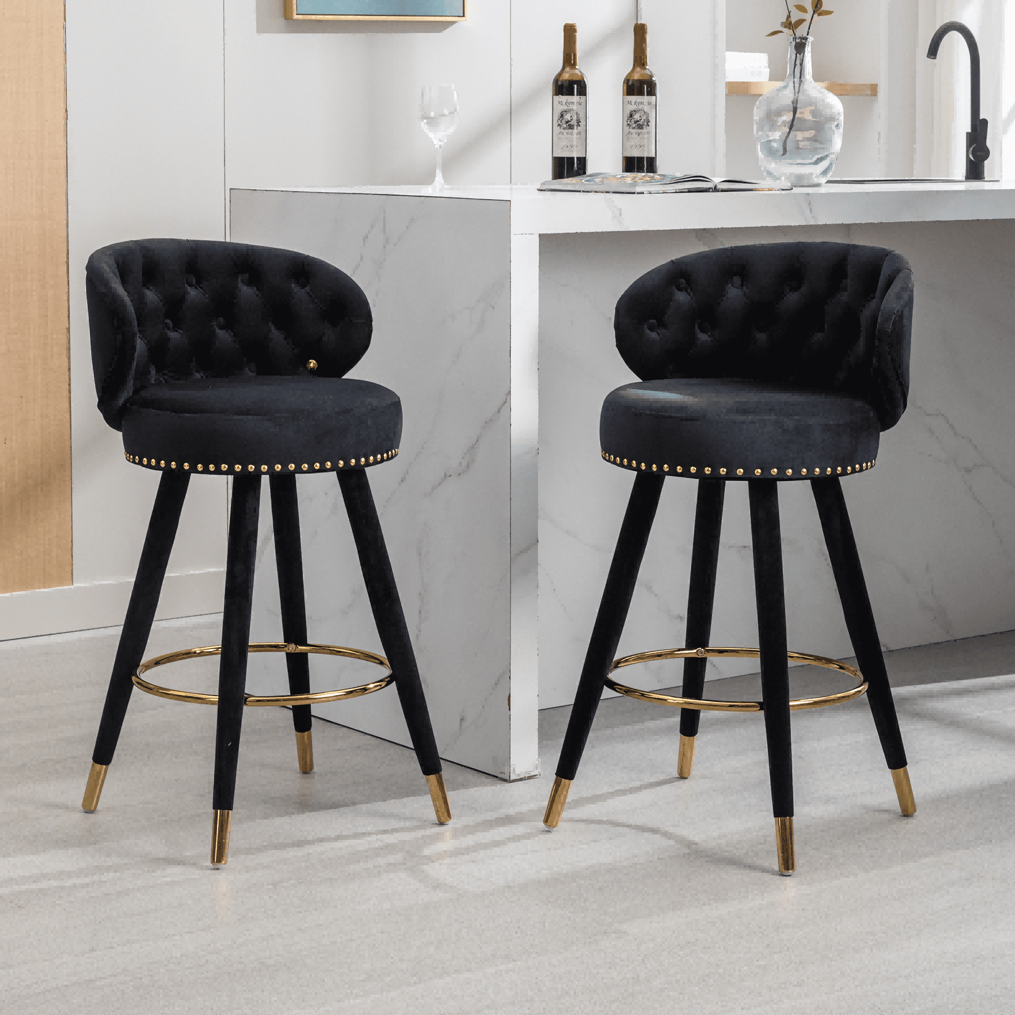 Tufted Counter Height Bar Stool Chairs with Solid Wood Legs Upholstered ...