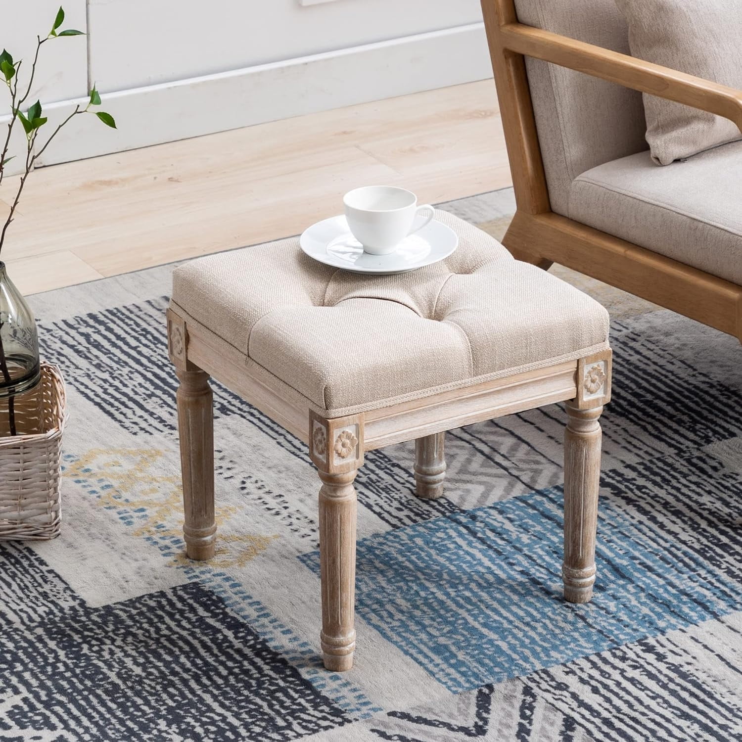 Tufted Dining Bench French Vintage Fabric Upholstered Wood Dining Room ...