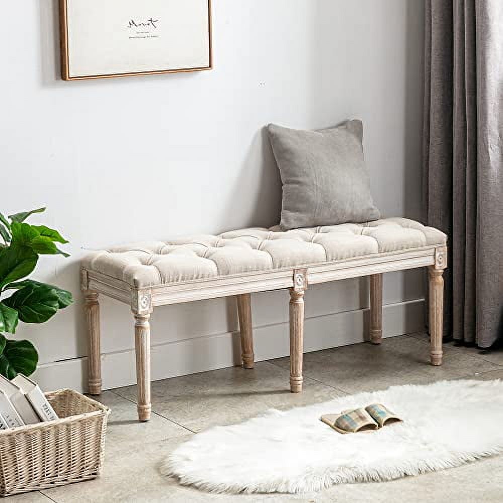 Tufted Dining Bench French Vintage Fabric Upholstered Wood Dining Room ...