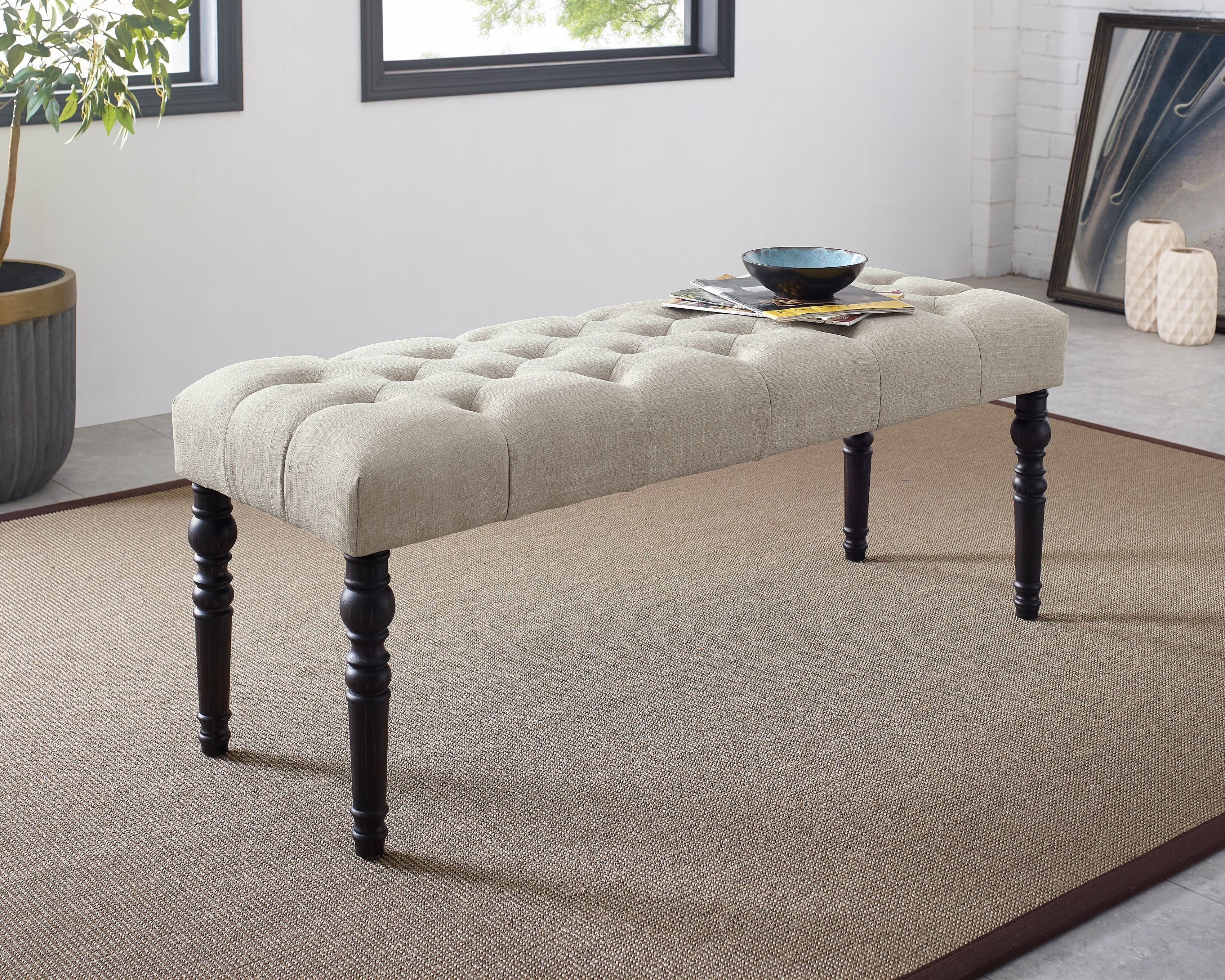 Tufted Dining Bench, Tan Fabric Upholstery, Wood Turned Legs, 48 Inch ...