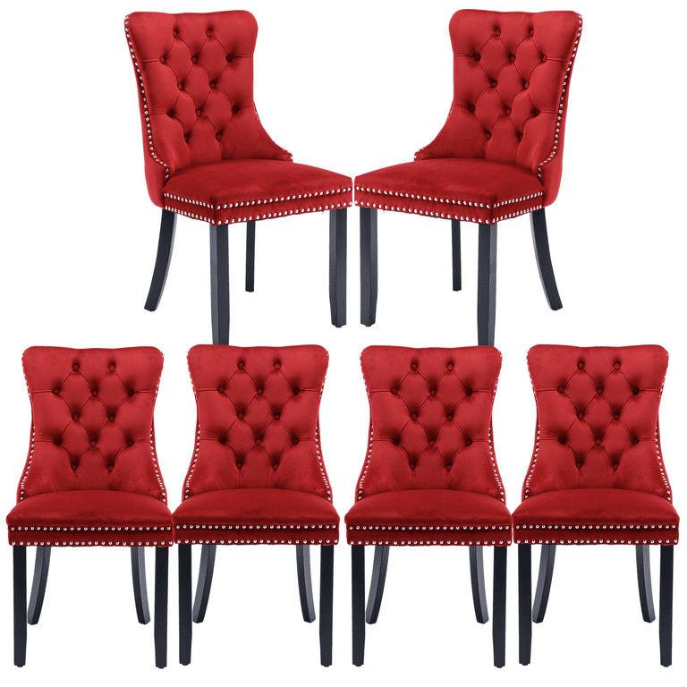 Tufted Dining Chair Contemporary Velvet Chairs for Dining Room Upholstered Dining Chairs with Nailhead Rivet Trim Design Pull Ring on Backrest Wine