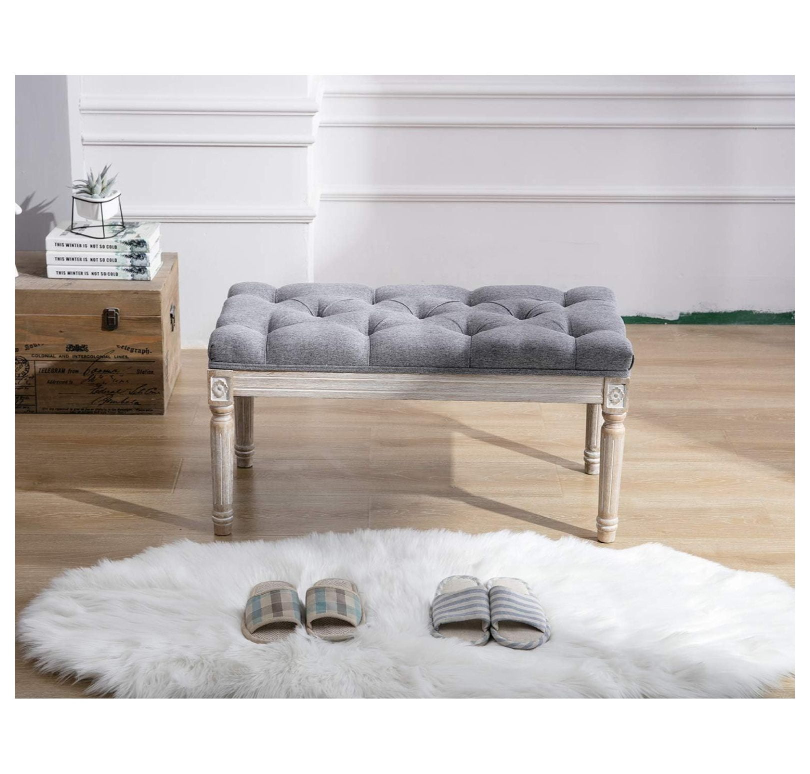 Tufted Entryway Bench, Upholstered Rustic Ottoman Bench, 31.5" x 15.75 ...