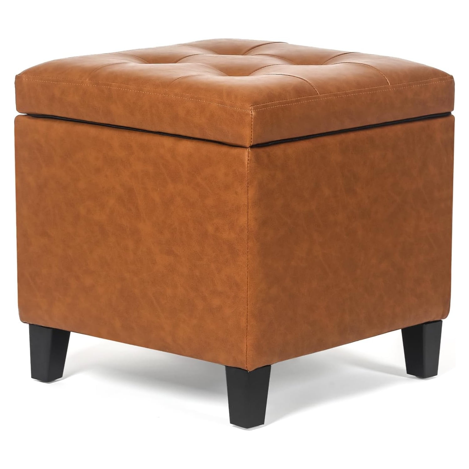 Tufted Faux Leather Ottoman Square Cube Foot Stool with Flip Top (Brown ...