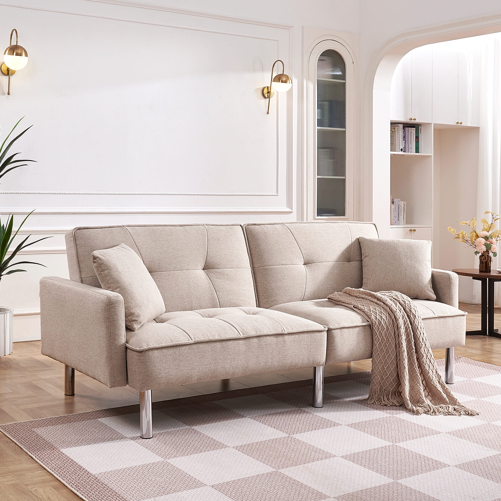 Tufted Futon Convertible Sofa Sleeper with Two Throw Pillows in Beige ...