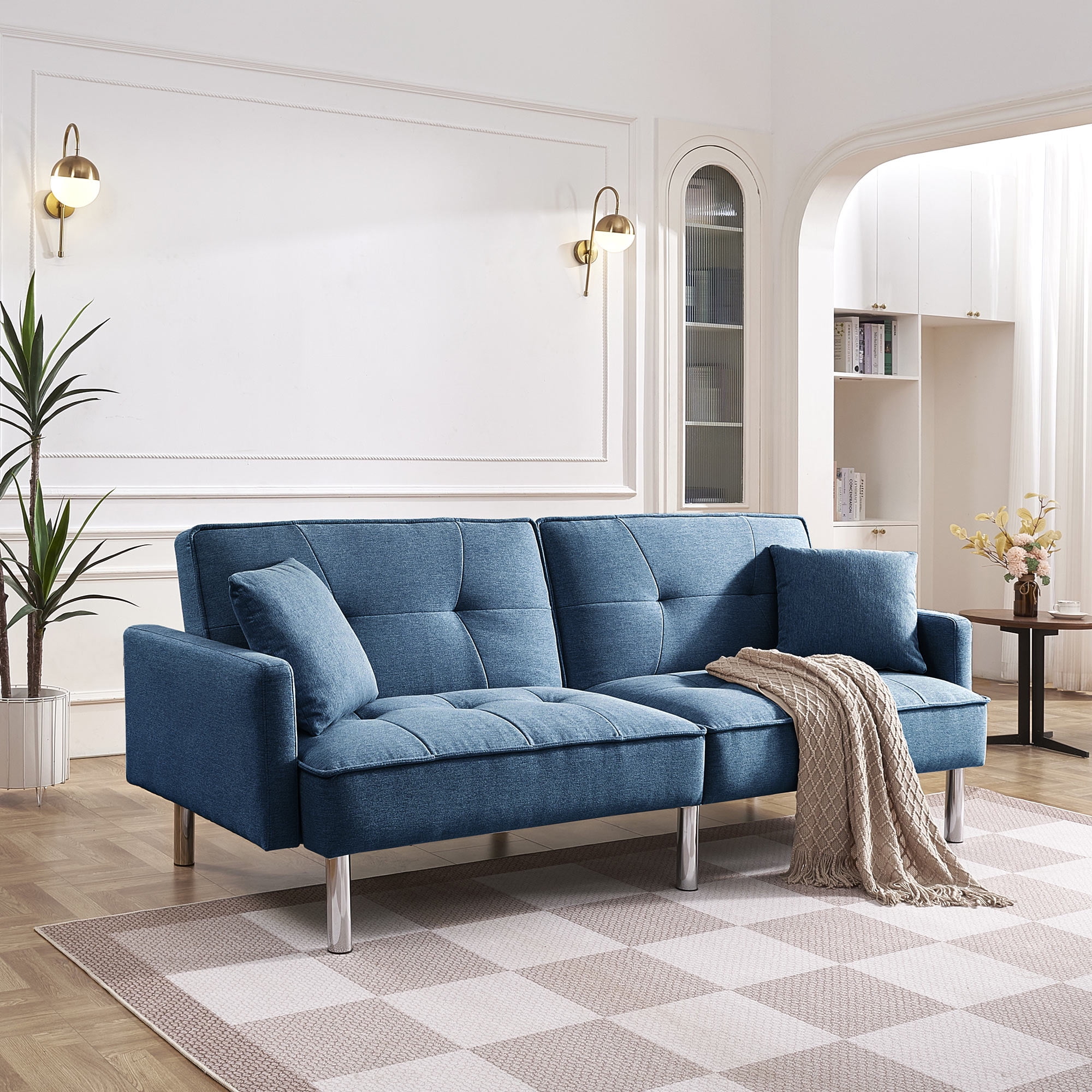 Tufted Futon Convertible Sofa Sleeper with Two Throw Pillows in Blue ...