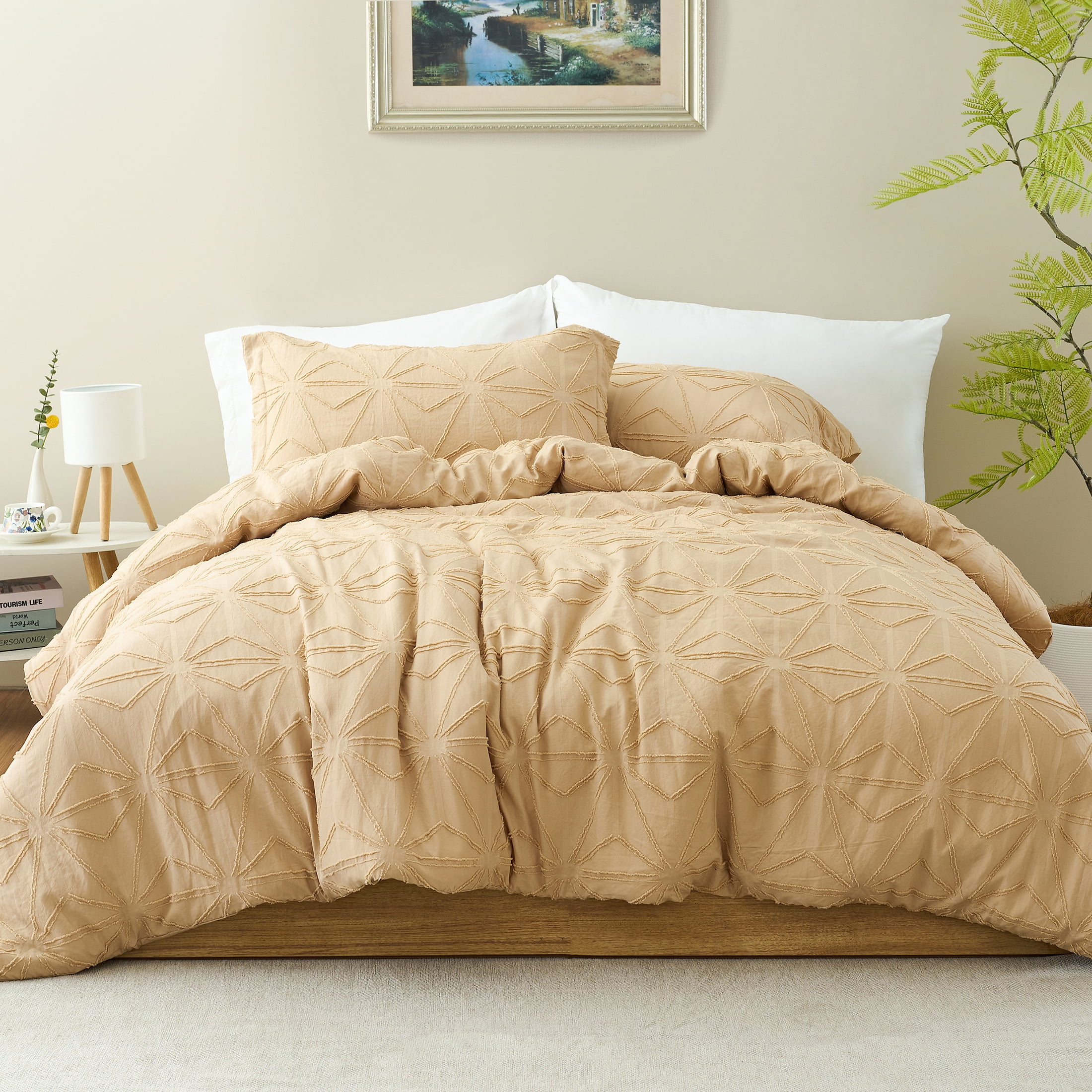 Tufted Jacquard Soft Washed Microfiber Duvet Cover Set 2 Pcs(Khaki Twin ...