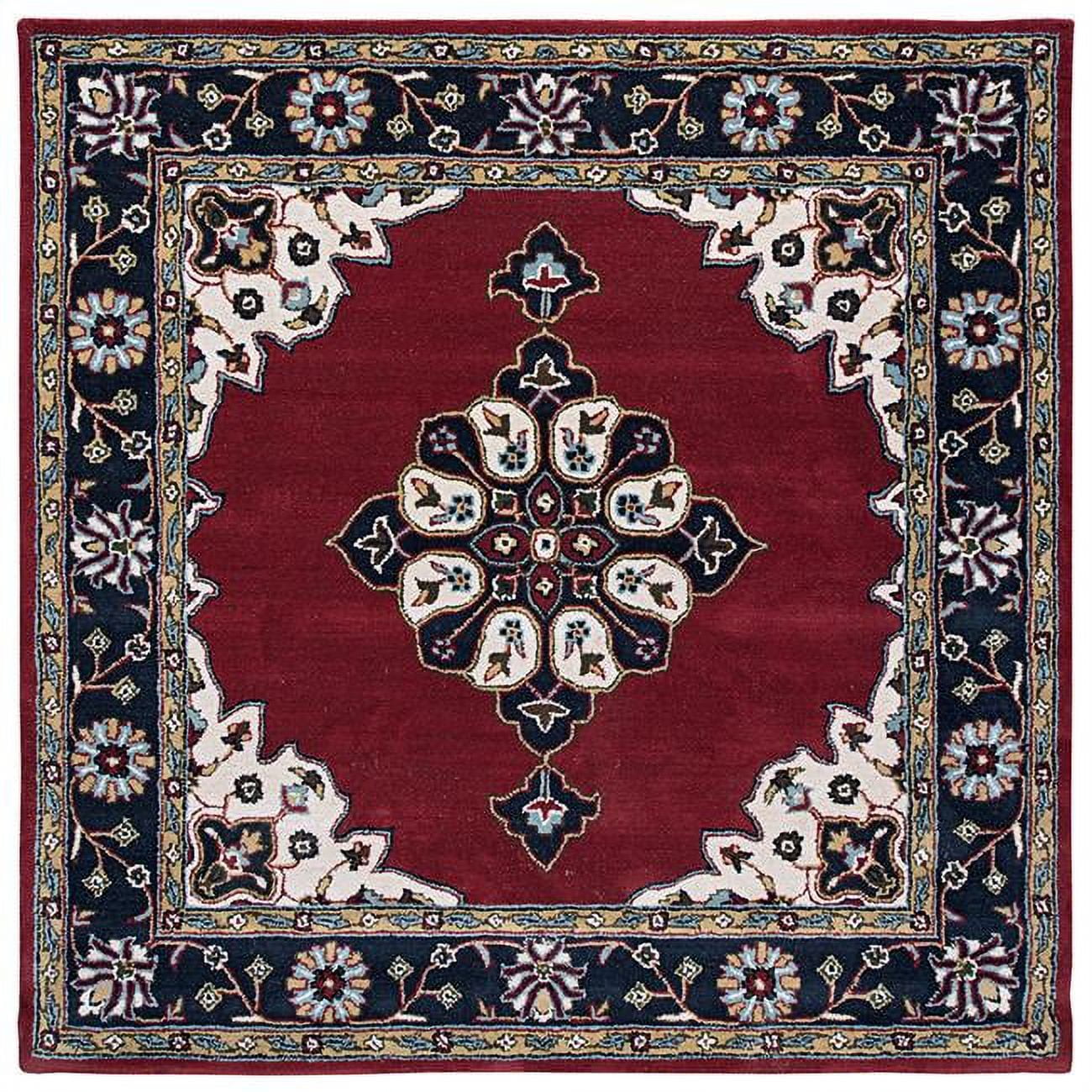 Tufted Kashan Open Field Red & Navy Square Area Rug - 6 x 6 ft ...