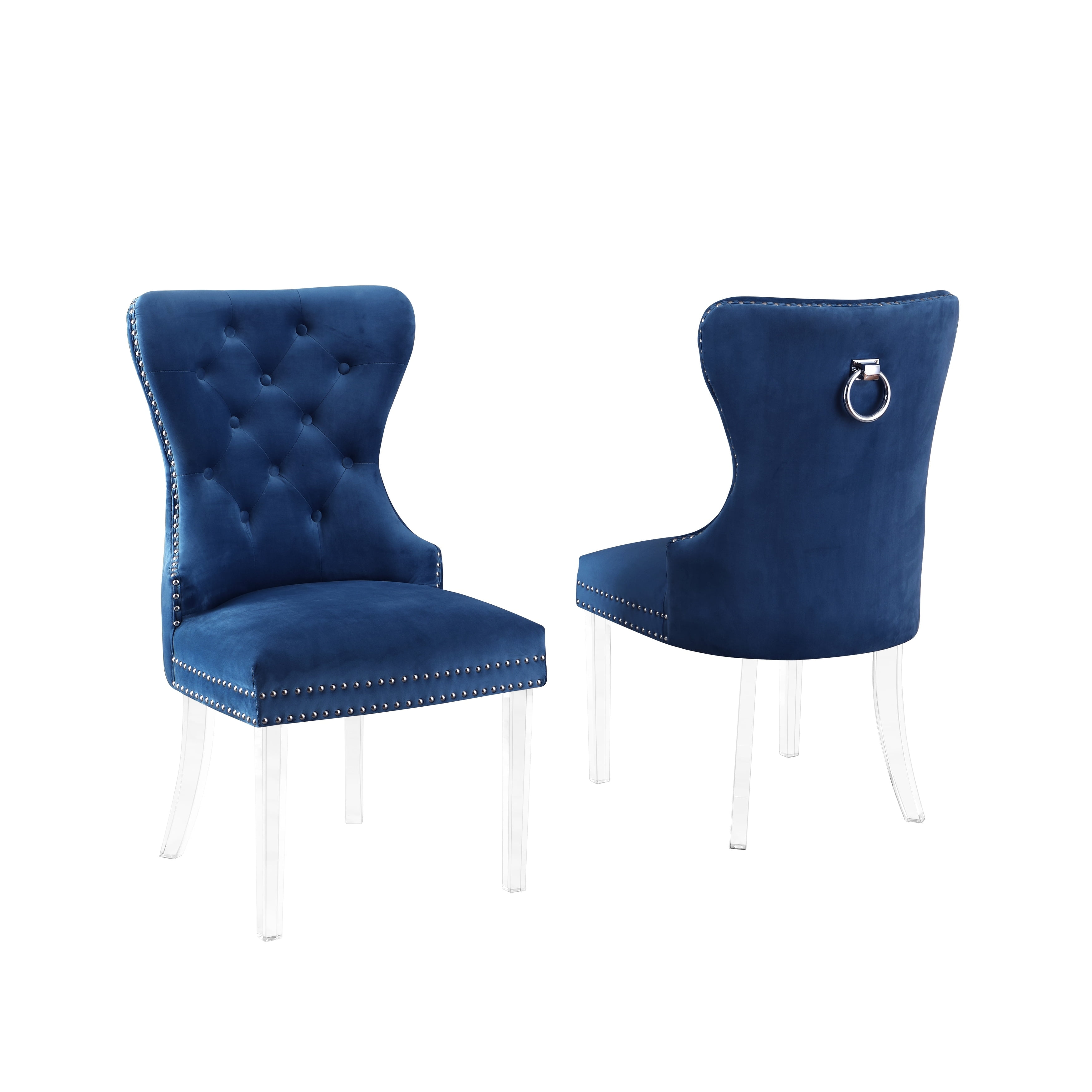 Tufted Navy Blue Velvet Side Chairs with Clear Acrylic Legs (Set of 2 ...