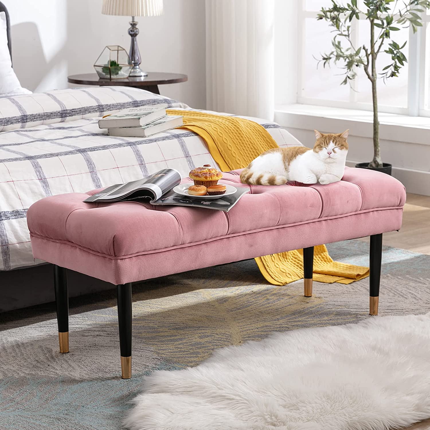 Tufted Ottoman Bench End of Bed 43.3" Velvet Upholstered Bedroom ...