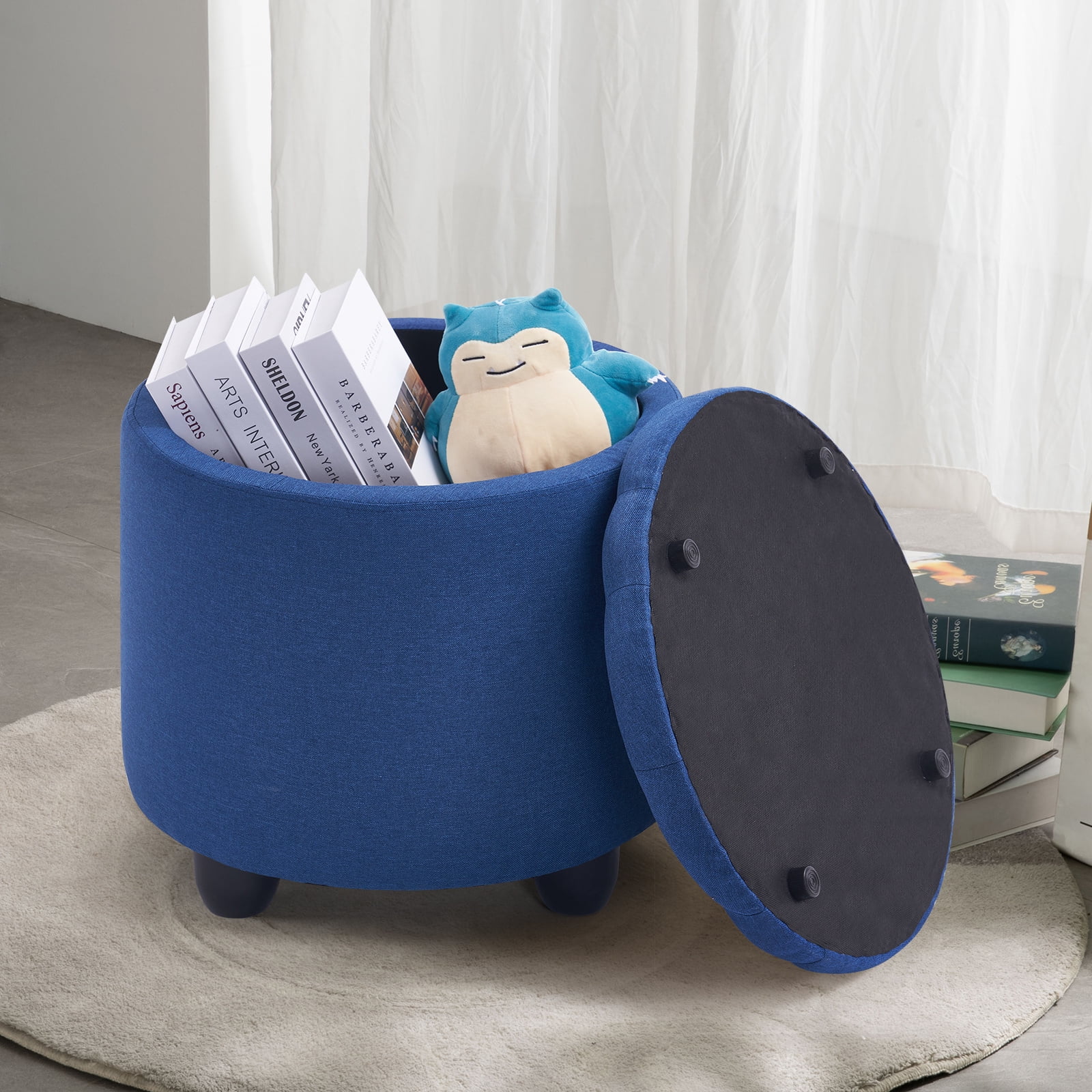 Tufted Round Ottoman with Storage Dark Blue Linen Modern Foot Rest ...