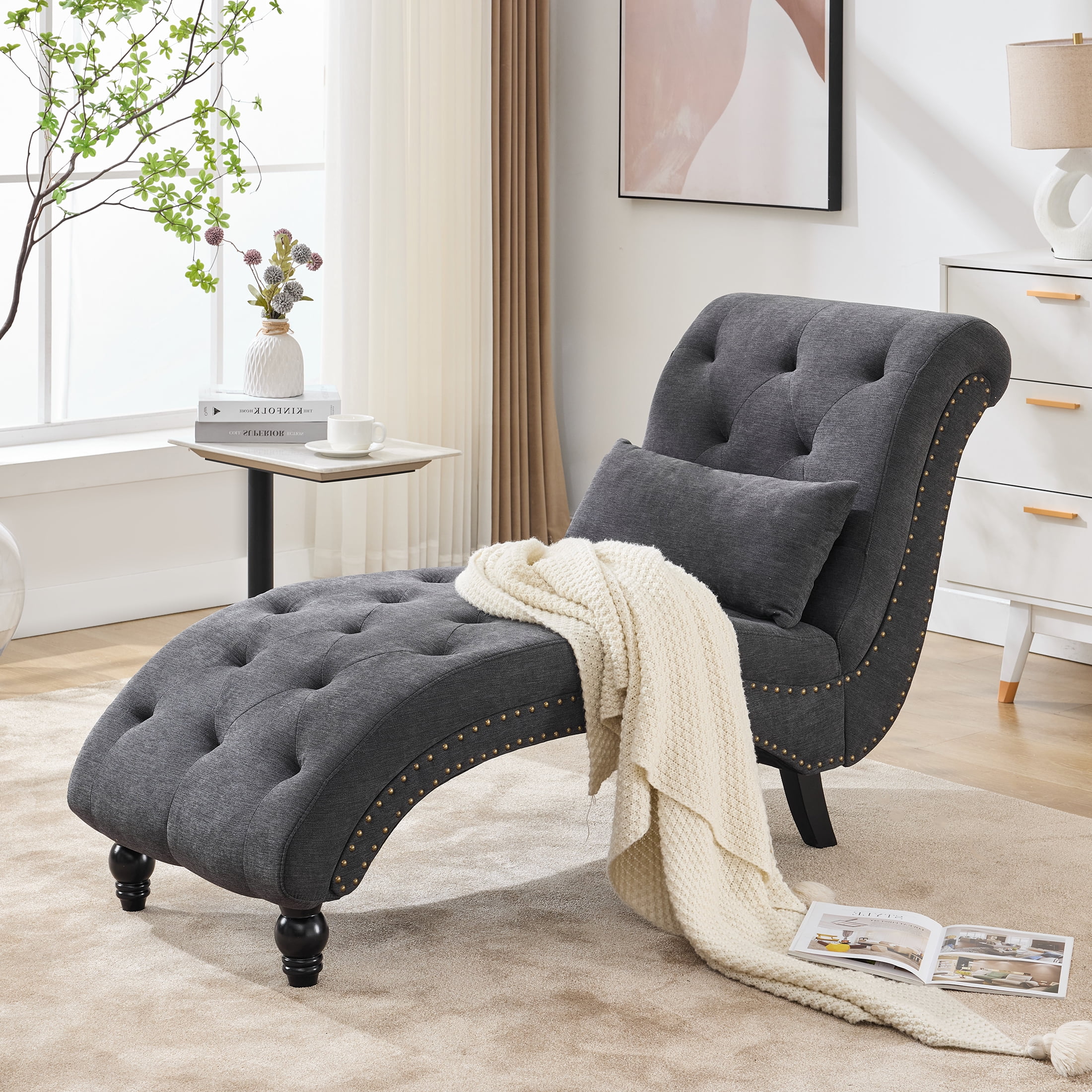 Tufted Soft Linen Rivets Chaise Lounge Chair , Armless Upholstered ...
