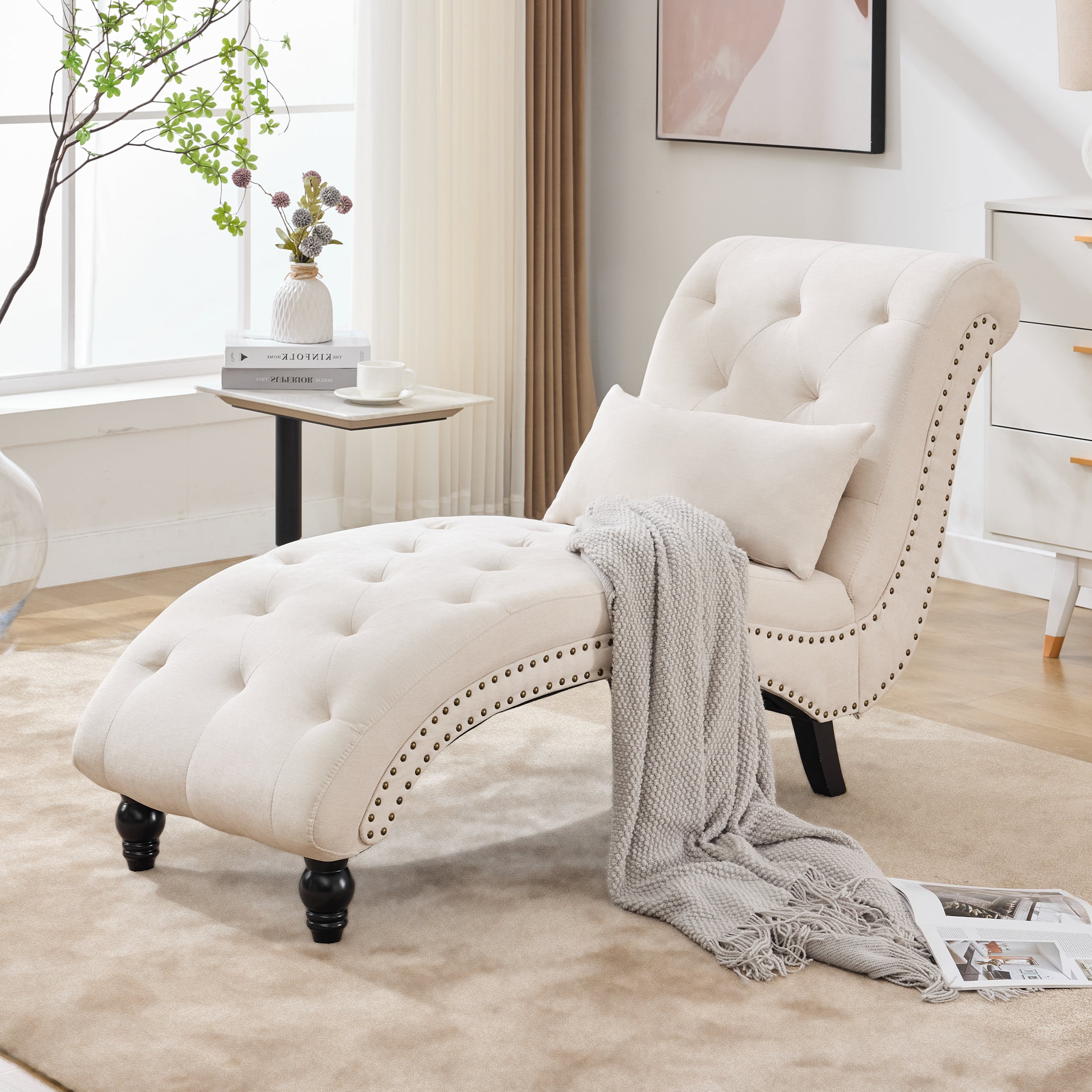 Tufted Soft Linen Rivets Chaise Lounge Chair , Armless Upholstered ...