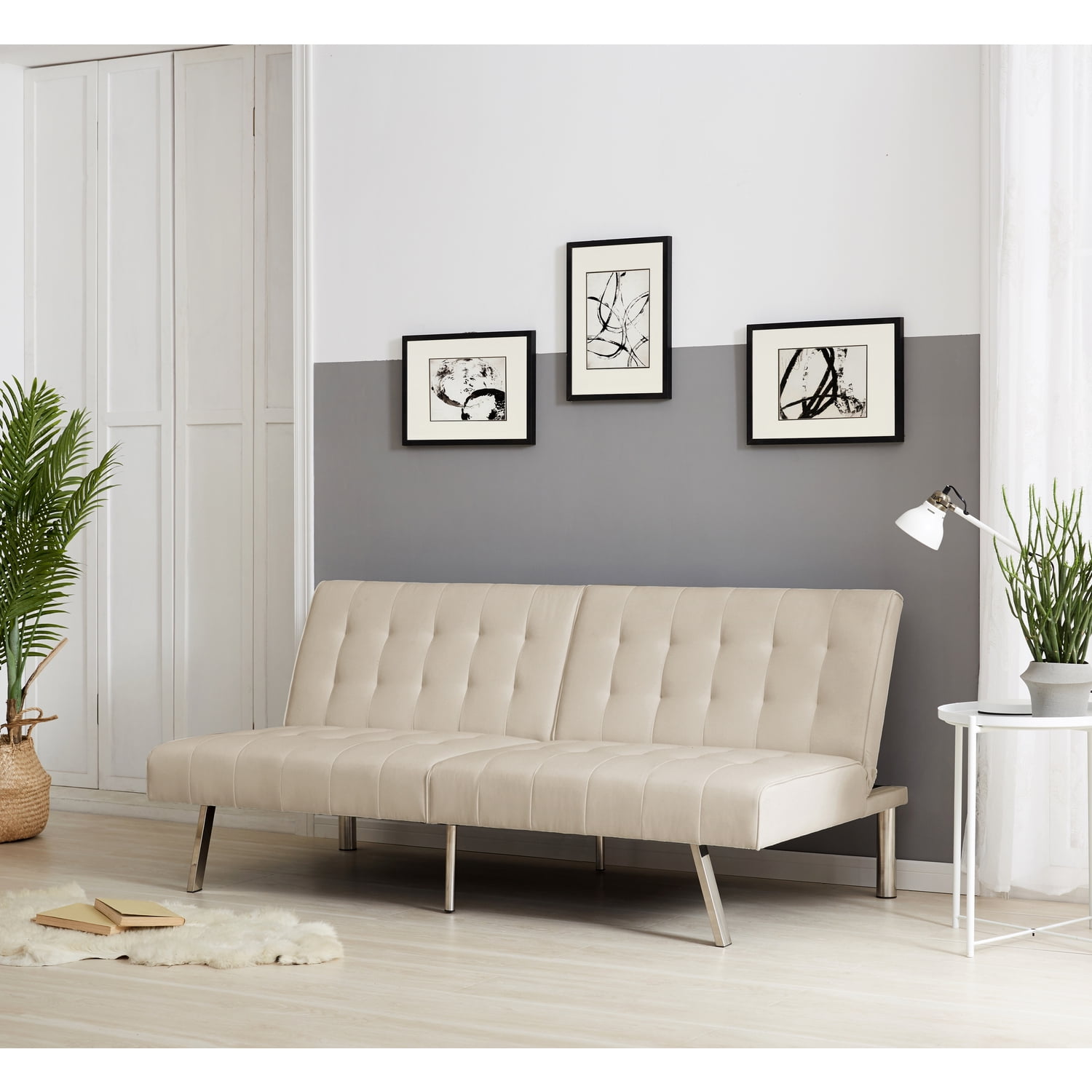 Tufted Split Back Futon Sofa by Naomi Home-Color:Cream,Style:Linen ...