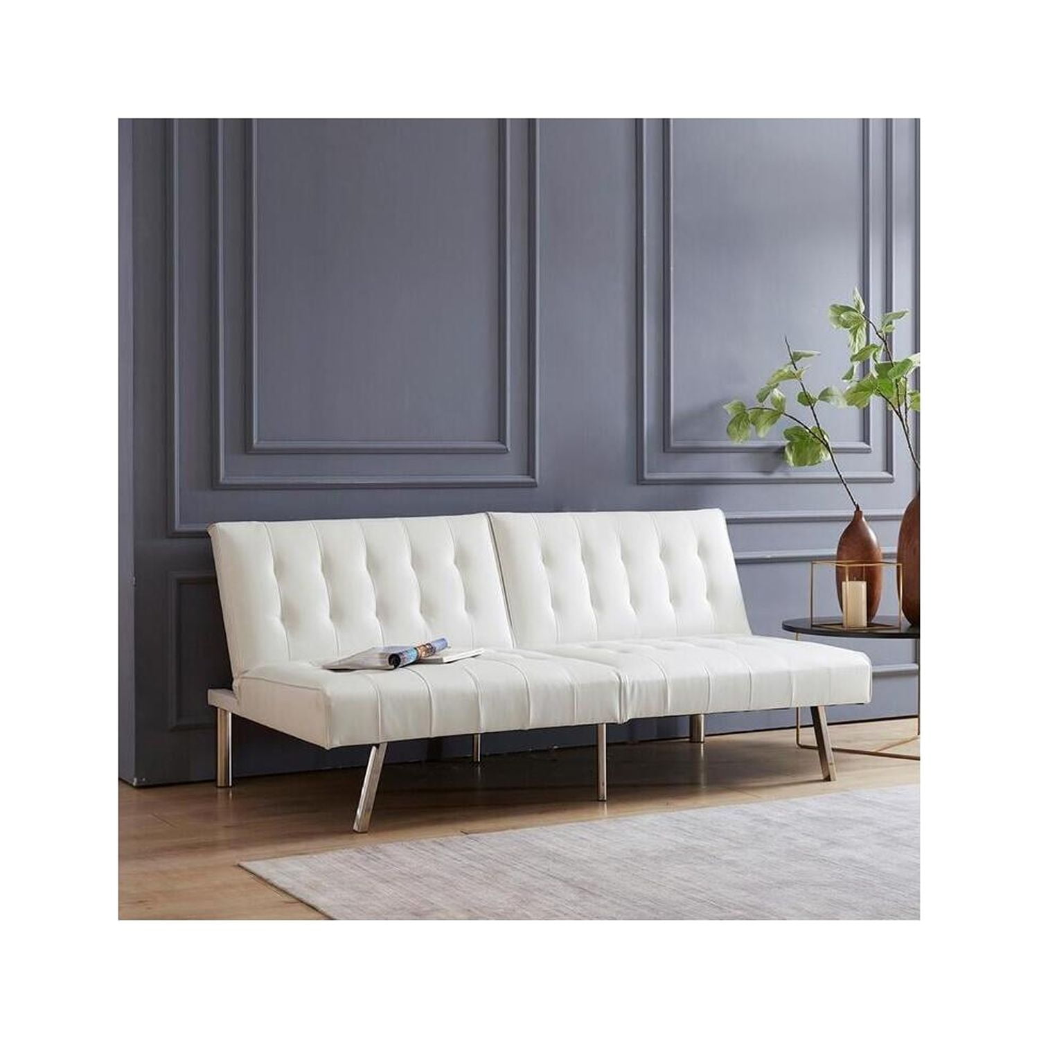 Naomi Home White Linen Tufted Split Back Futon Sofa for Living Room ...