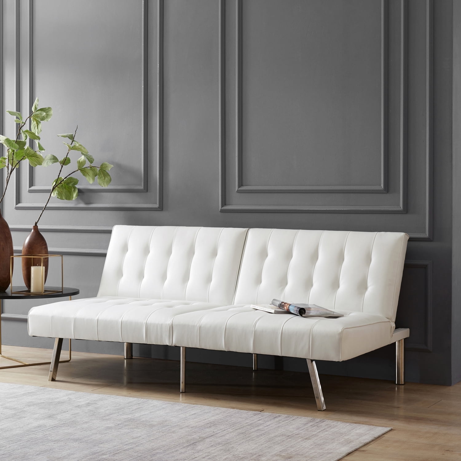 Naomi Home White Faux Leather Futon Sofa Bed, Mid-Century Modern Style ...