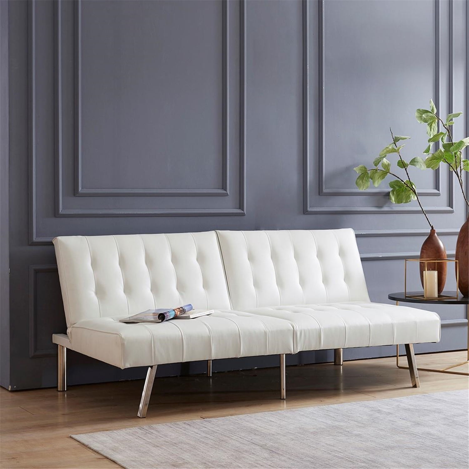 Naomi Home White Linen Fabric Tufted Split Back Futon Sofa for Living ...