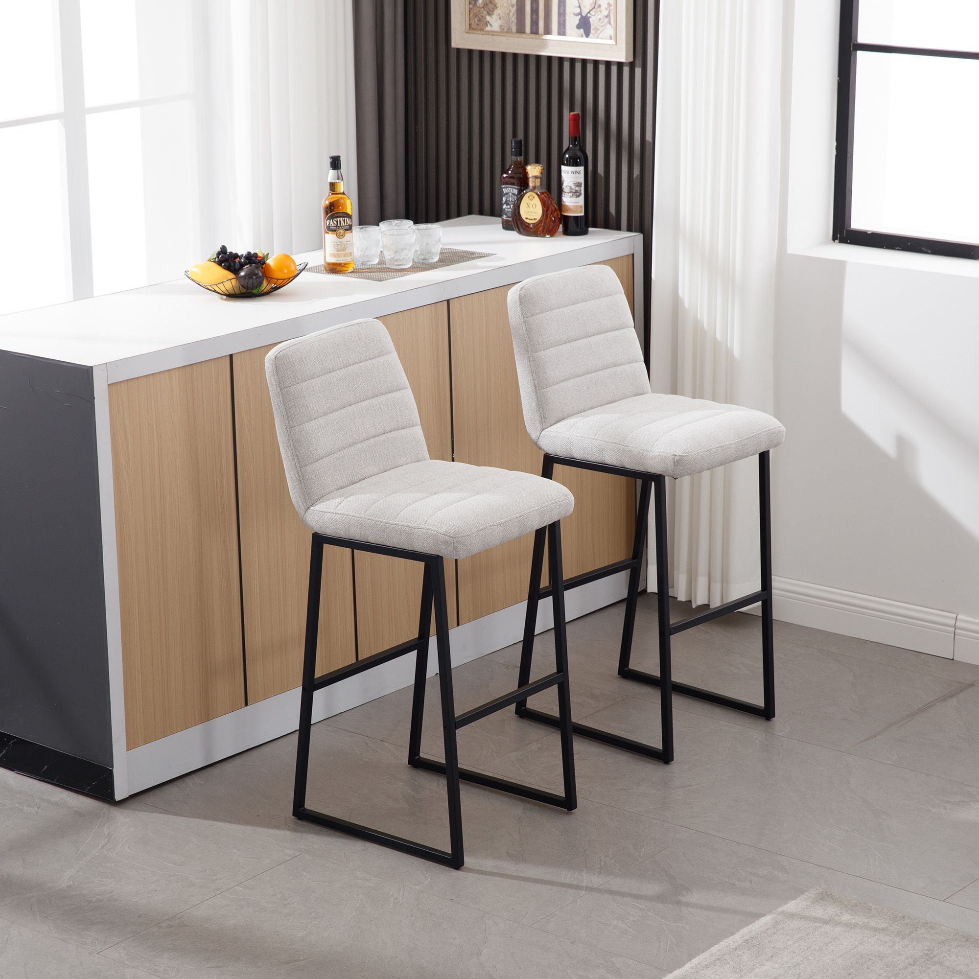 Tufted Upholstered Bar Stools with Black Metal Legs and Back ...