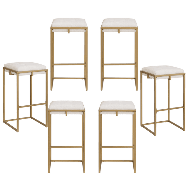 Tufted Upholstered Bar Stools Without Back, Golden Metal Legs, Square ...