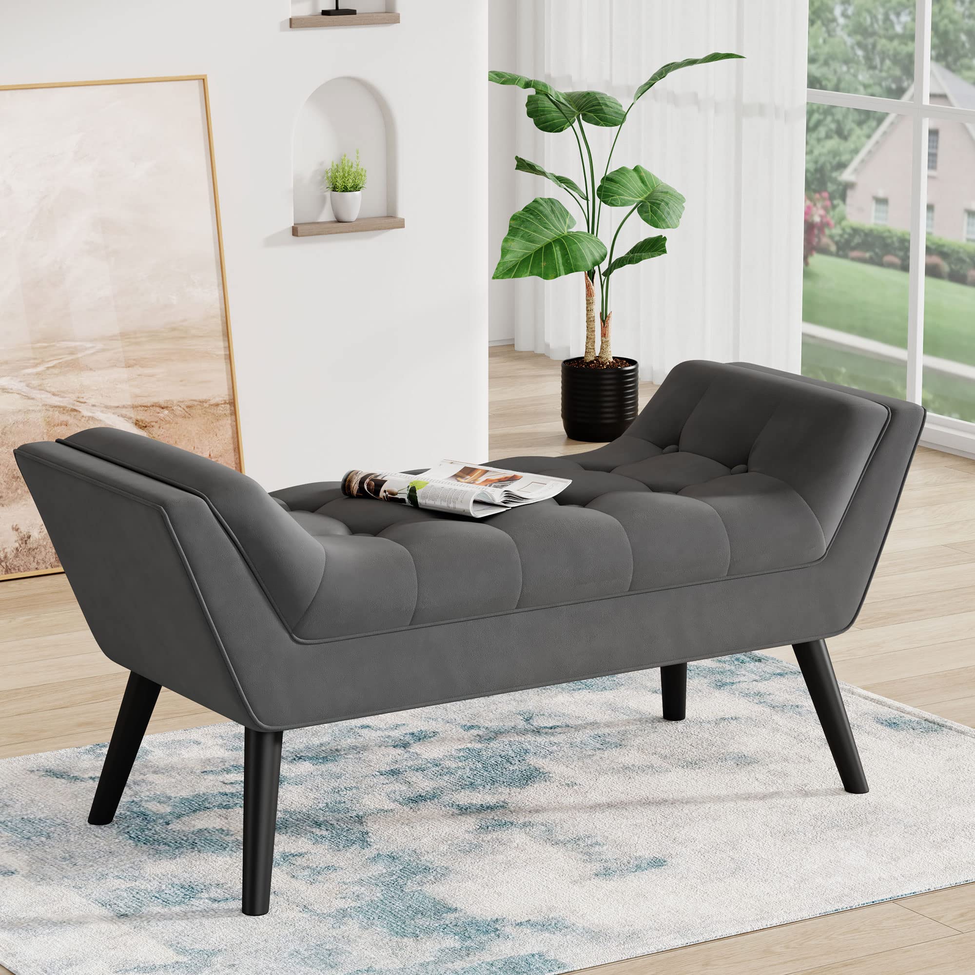 Tufted Upholstered Bed Bench Ottoman Footstool for Entryway Living Room ...