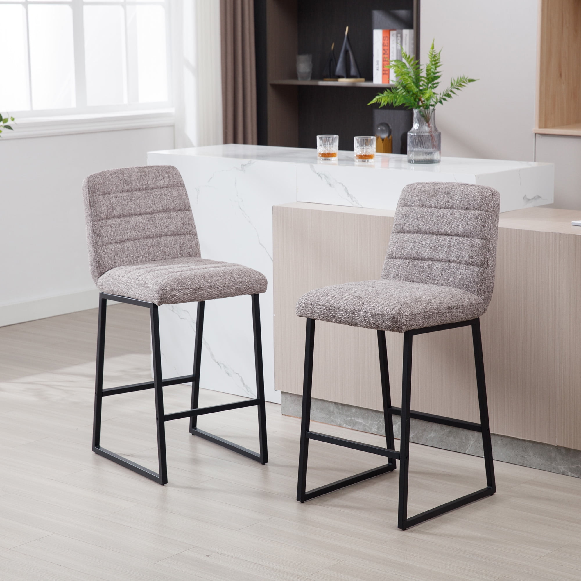 Tufted Upholstered Low Bar Stools with Black Metal Legs and Back, Mid ...