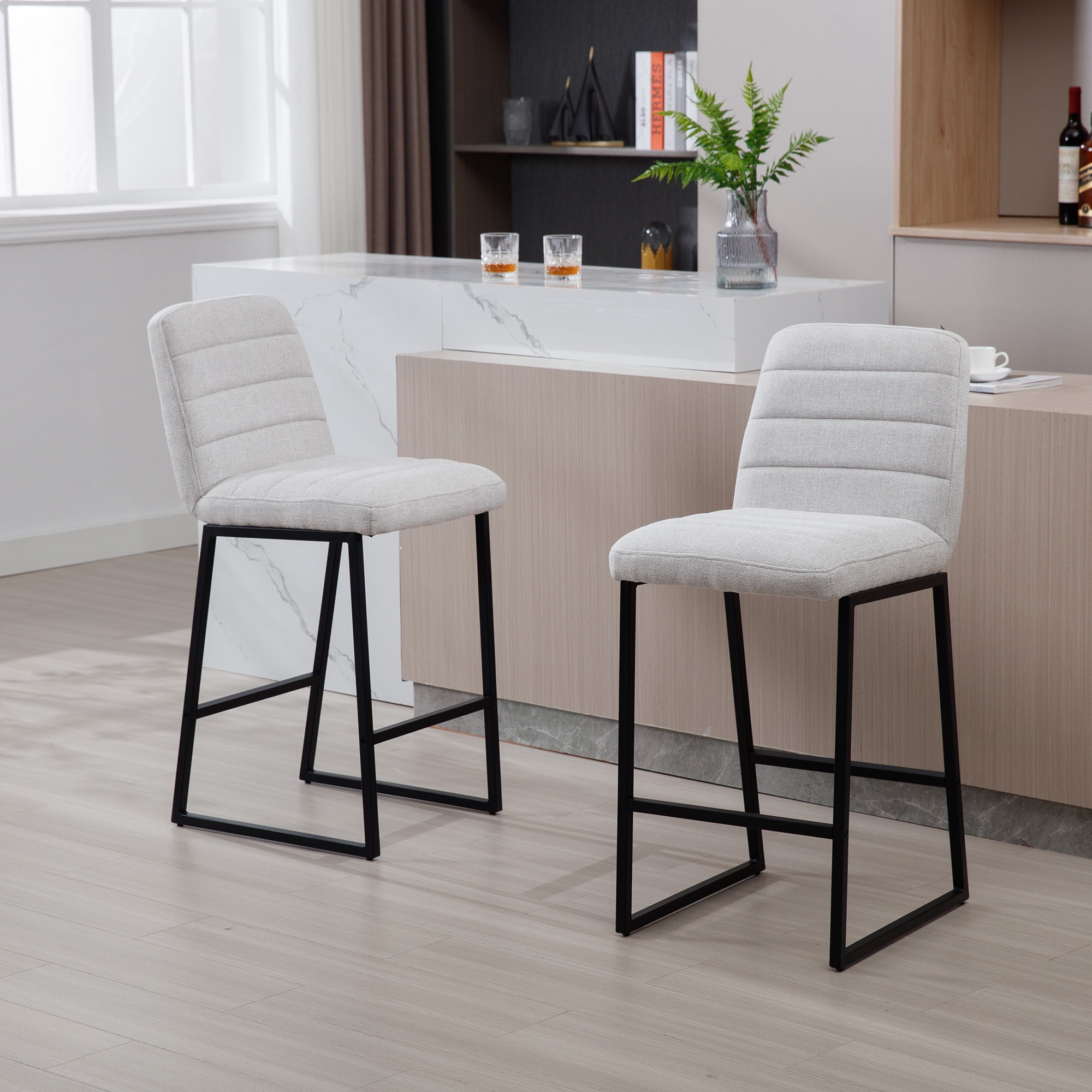 Tufted Upholstered Low Bar Stools with Black Metal Legs and Back, Mid ...