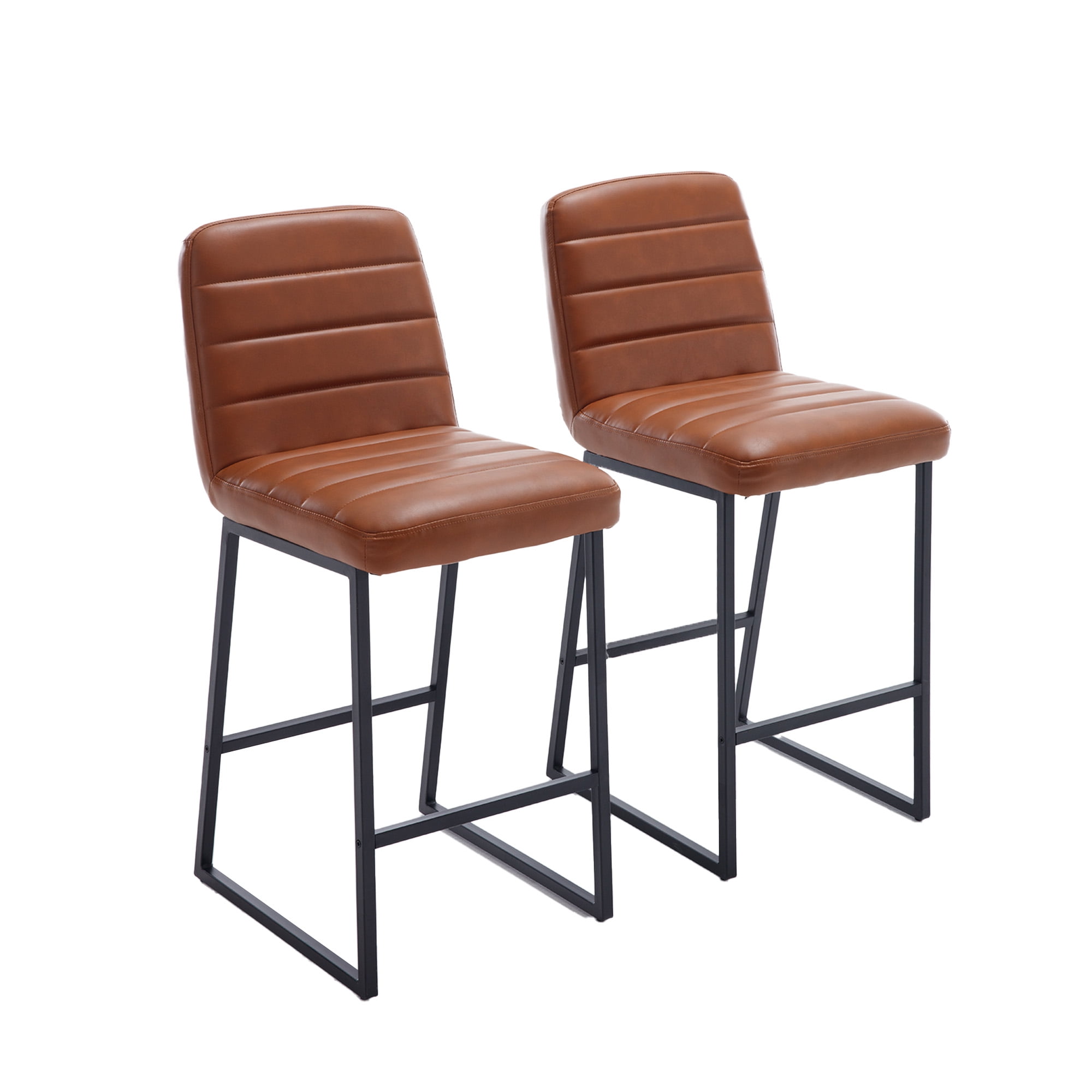Tufted Upholstered Low Bar Stools with Black Metal Legs and Back, Mid ...