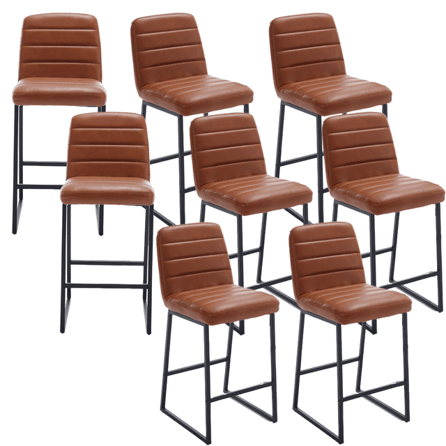 Tufted Upholstered Low Bar Stools with Black Metal Legs and Back, Mid ...