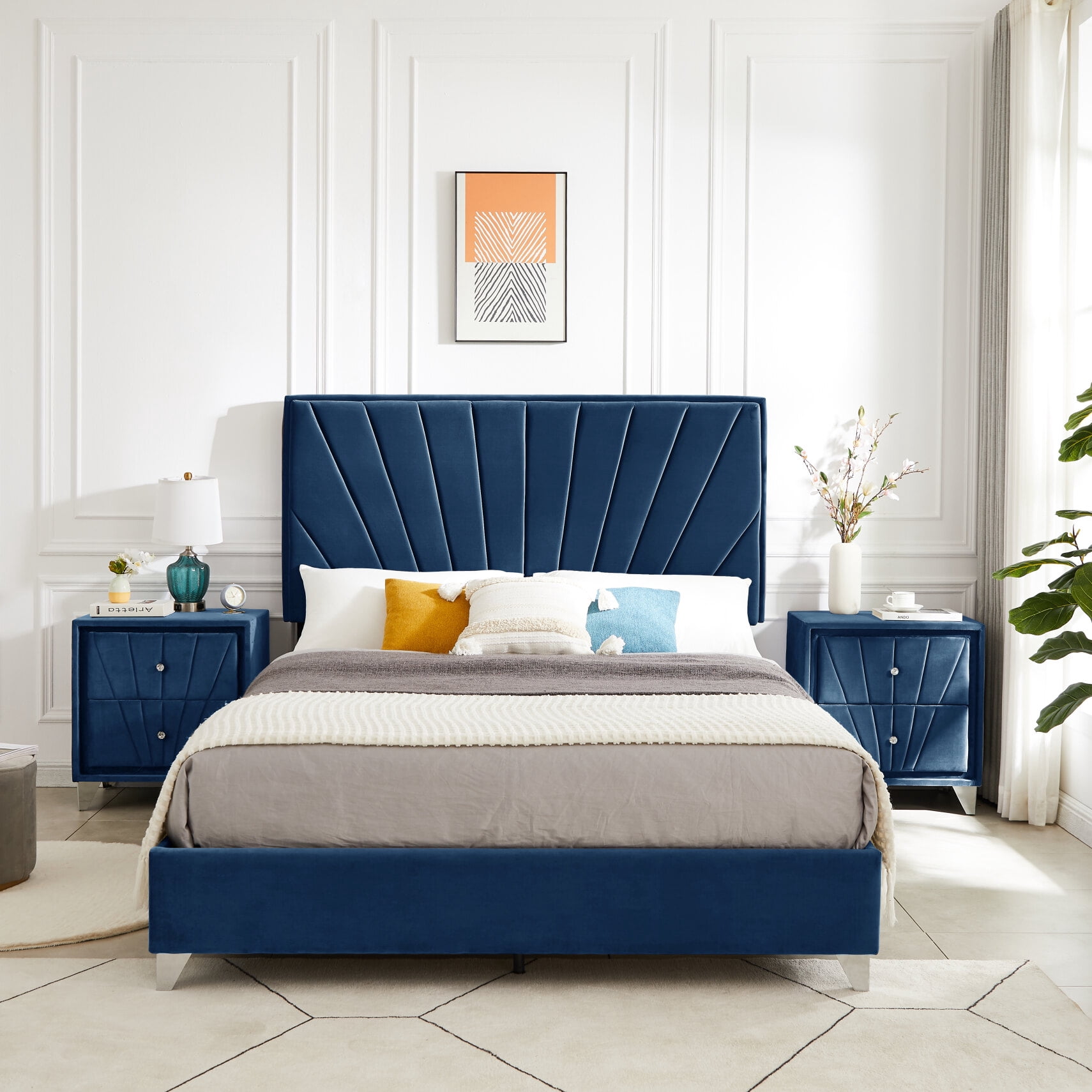 Tufted Upholstered Platform Bed Frame with 2 Bedside Tables with 2 ...