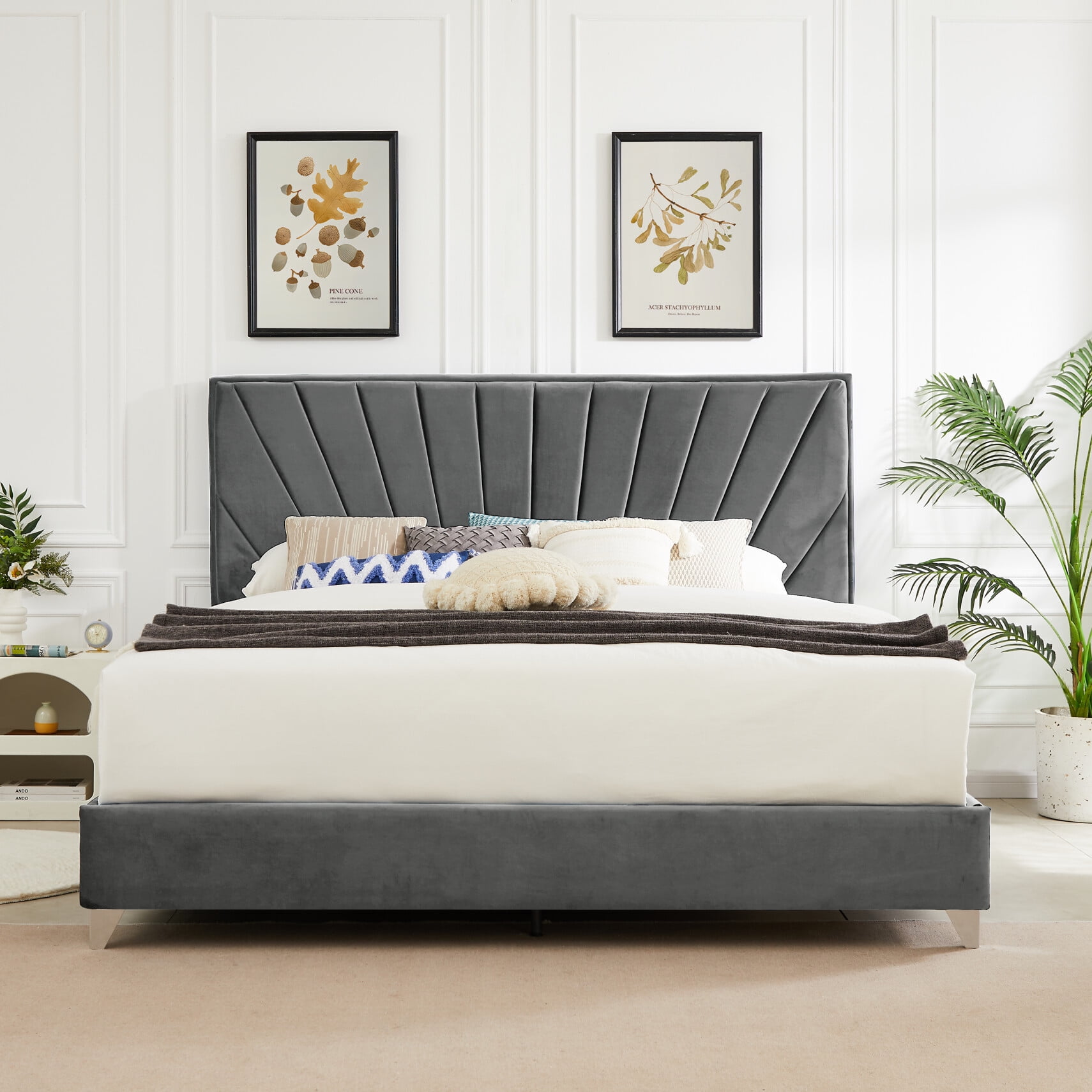 Tufted Upholstered Platform Bed Frame, King Size Velvet Low Profile ...