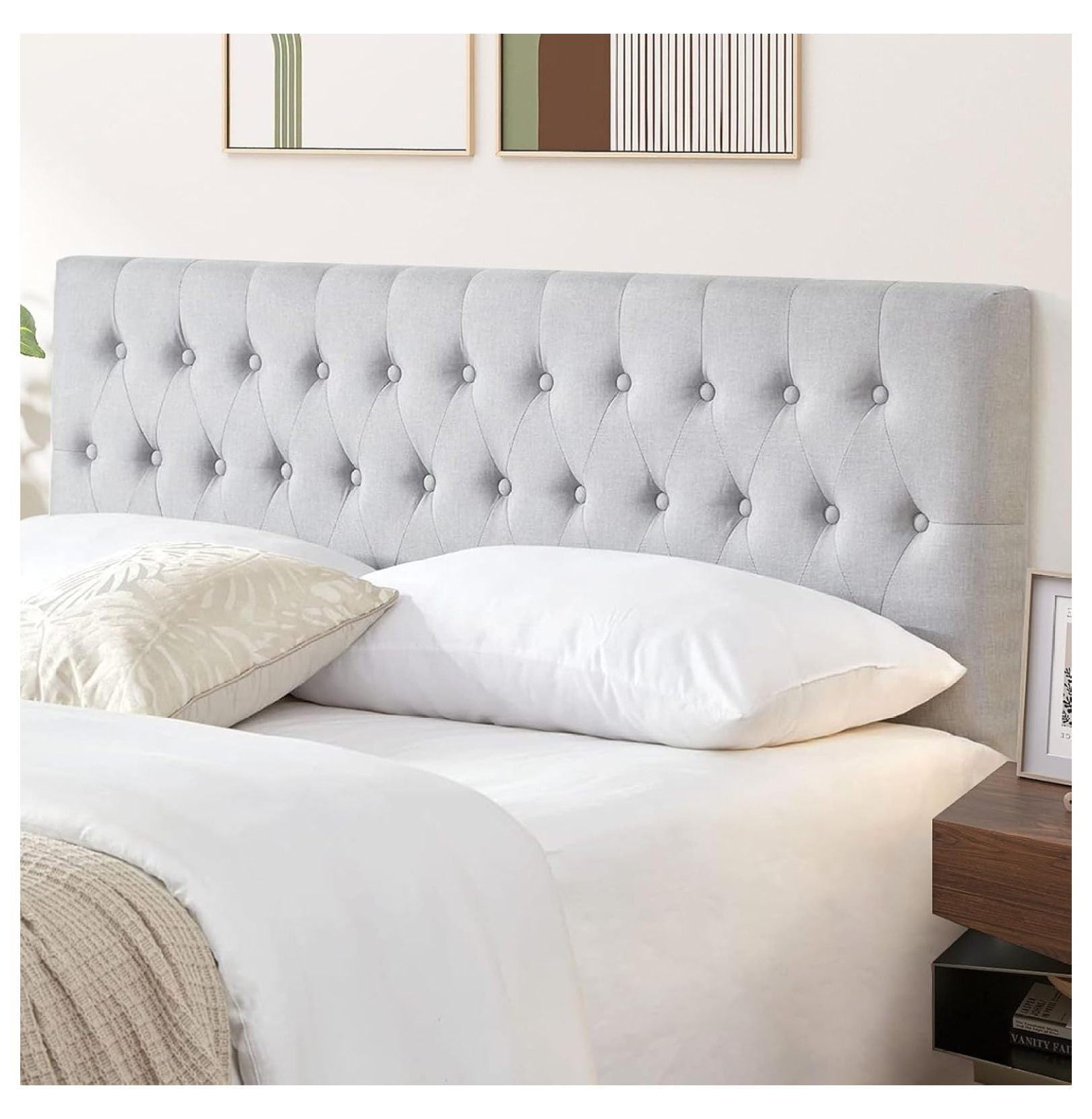 Tufted Upholstered Queen Size Bed Headboard in Modern Button Design ...