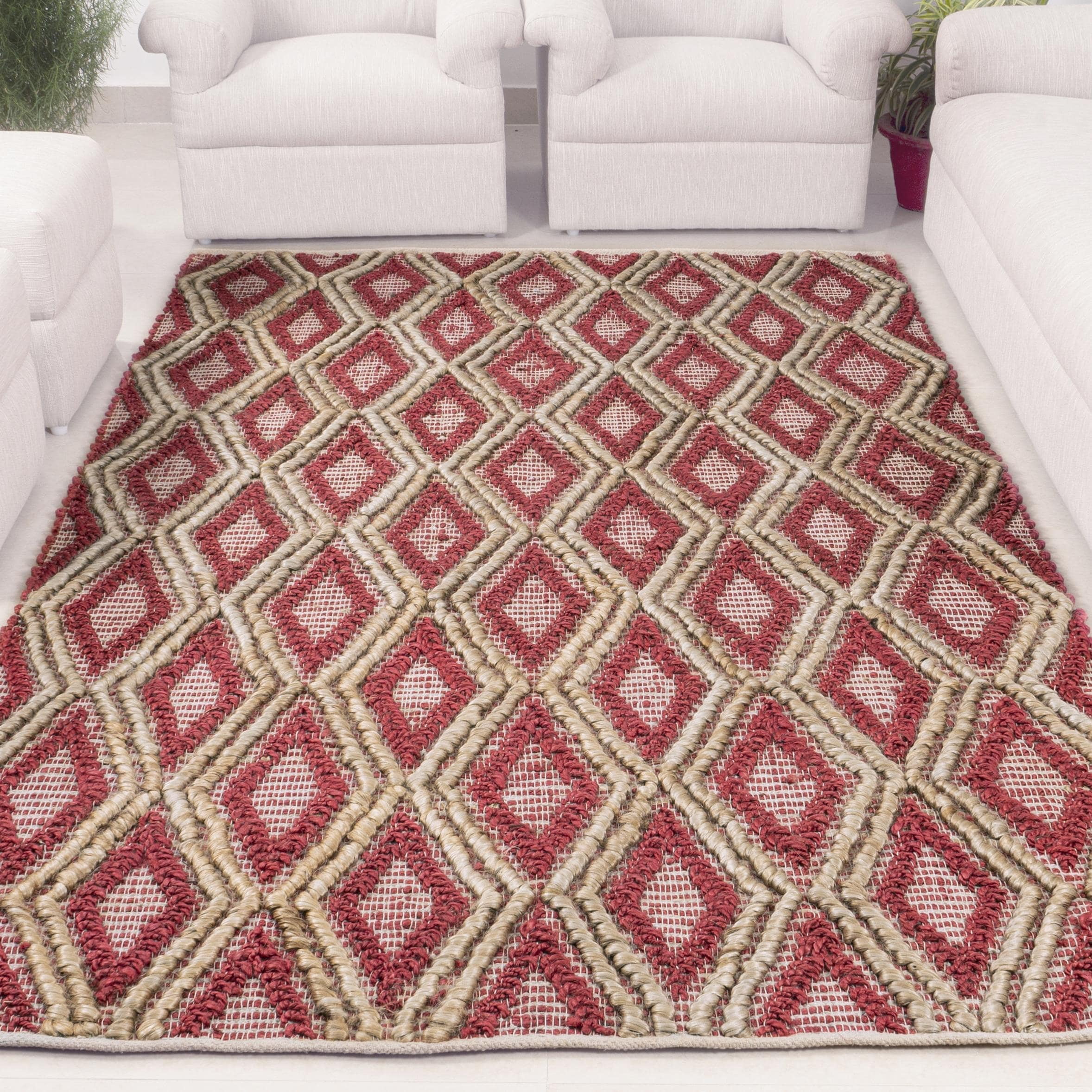 Tufty Home Lux Handmade Bohemian Flatweave High/Low Pile Geometric Jute ...