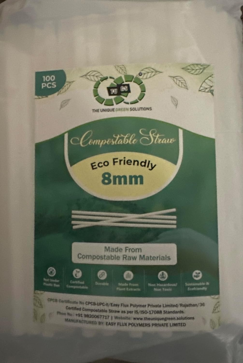 Tugs Compostable and Biodegradable PLA Straws (8Lx8M) 20 cms (8 inch ...