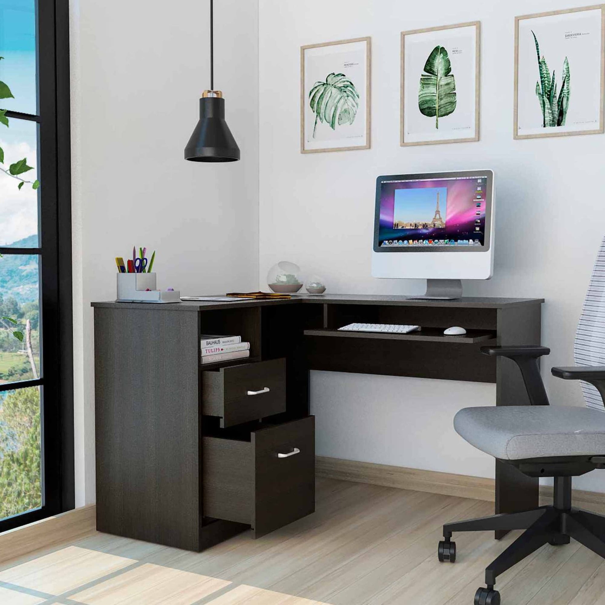 Tuhome Black Modern - Material -Engineered Wood Mix L-Shaped Desk ...