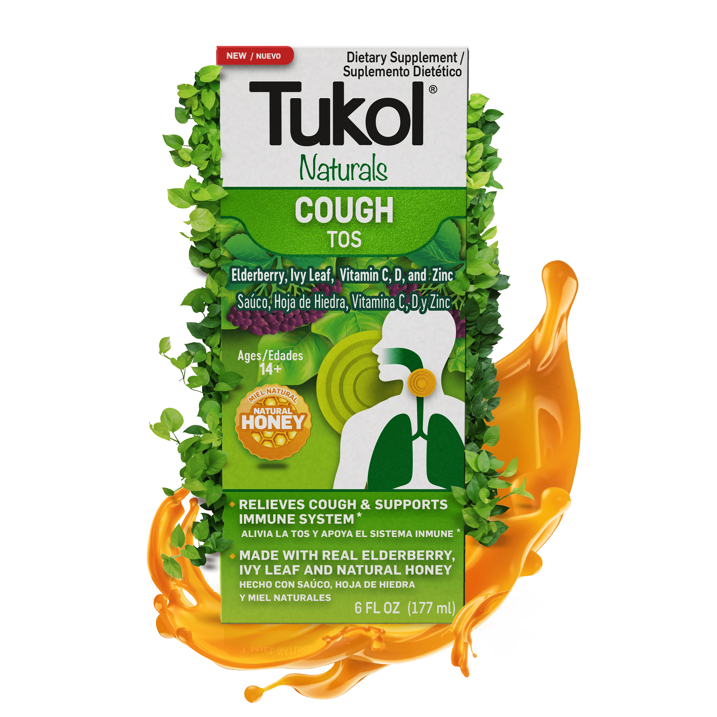 Tukol Naturals Adult Cough Syrup with Elderberry, Ivy Leaf, Vitamins C ...