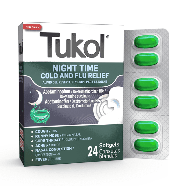 Tukol Night Time Cold, Flu Relief Softgels, 24 Count HSA/FSA Eligible ...