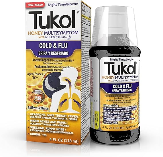 Tukol Night Time Honey Multisymptom Cold and Flu Relief Syrup, 4 Oz, 6 ...